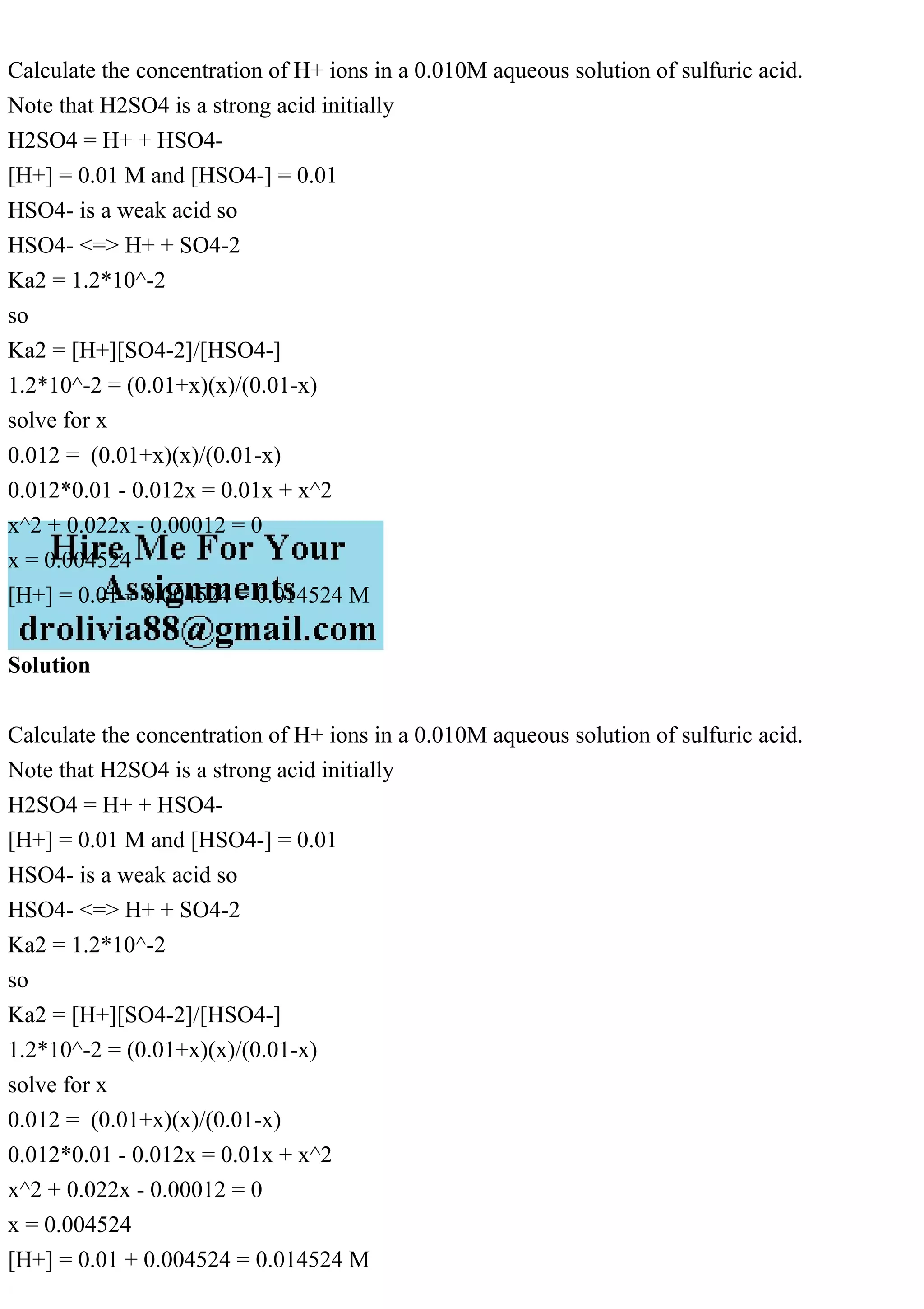 Calculate the concentration of H+ ions in a 0.010M aqueous solution .pdf