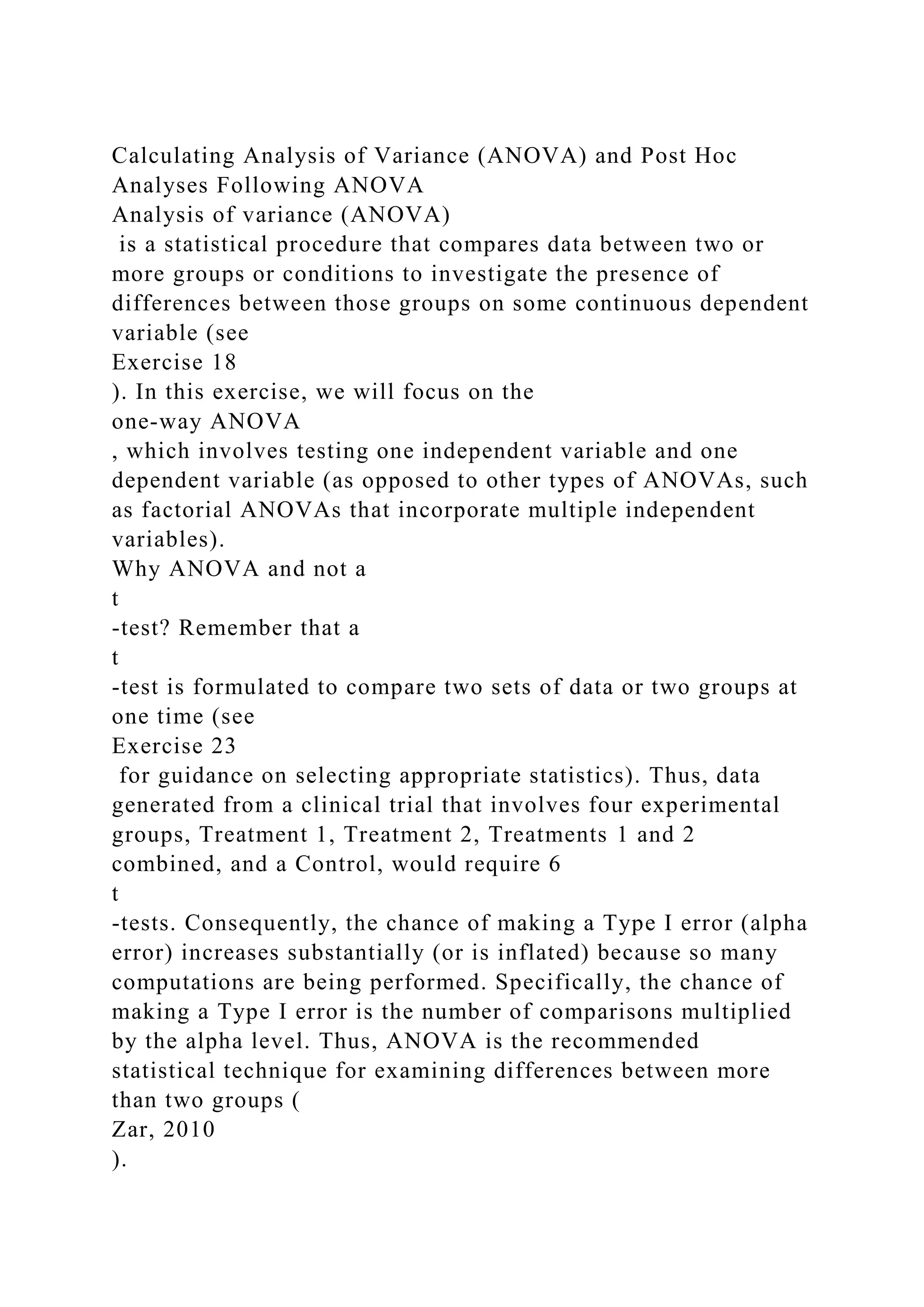 Calculating Analysis of Variance (ANOVA) and Post Hoc Analyses Follo.docx