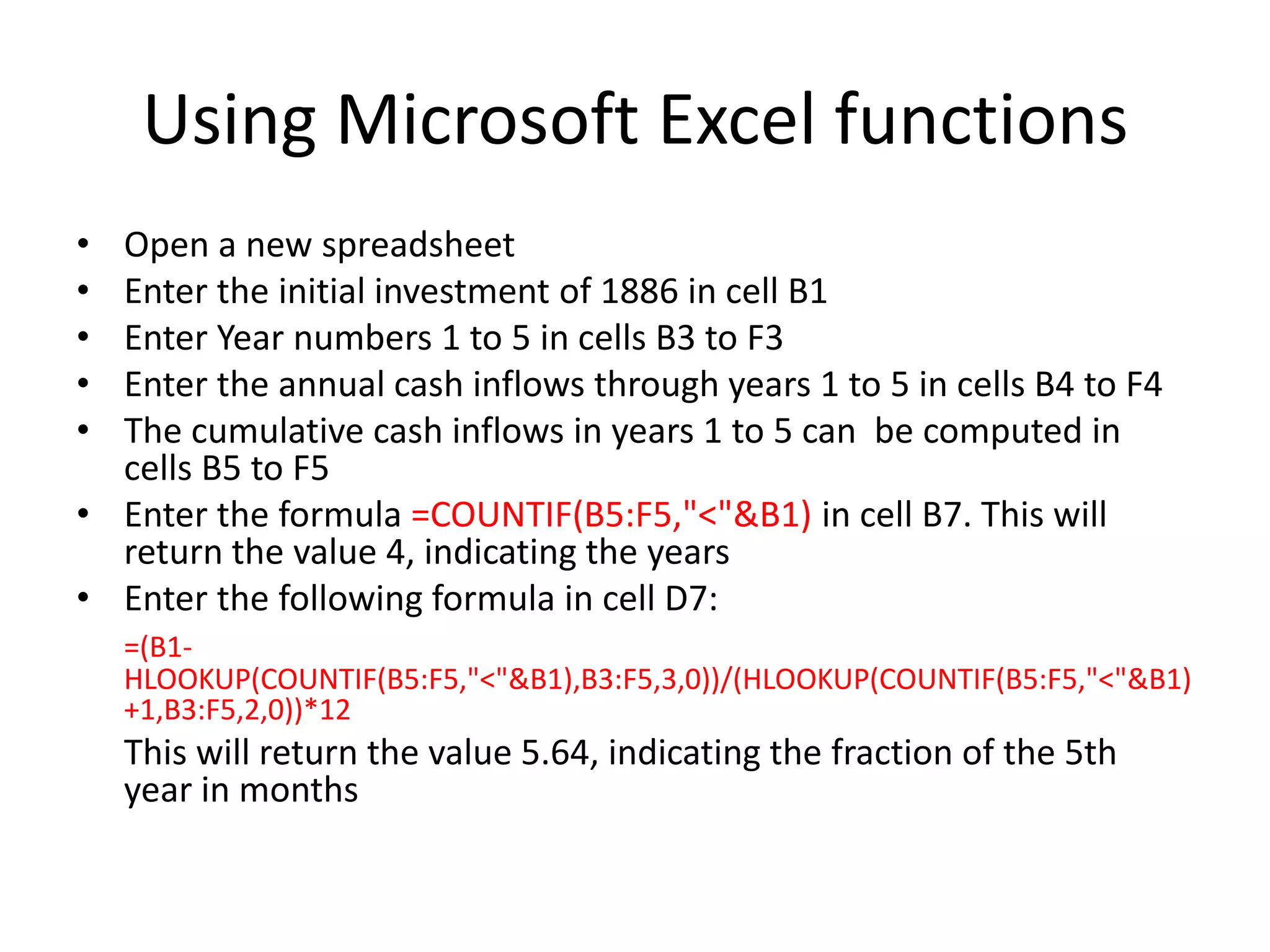 Calculation of payback period with microsoft excel 2010 | PPTX