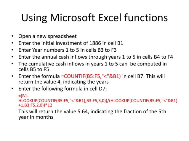 Calculation of payback period with microsoft excel 2010 | PPTX