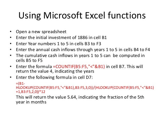 Calculation of payback period with microsoft excel 2010