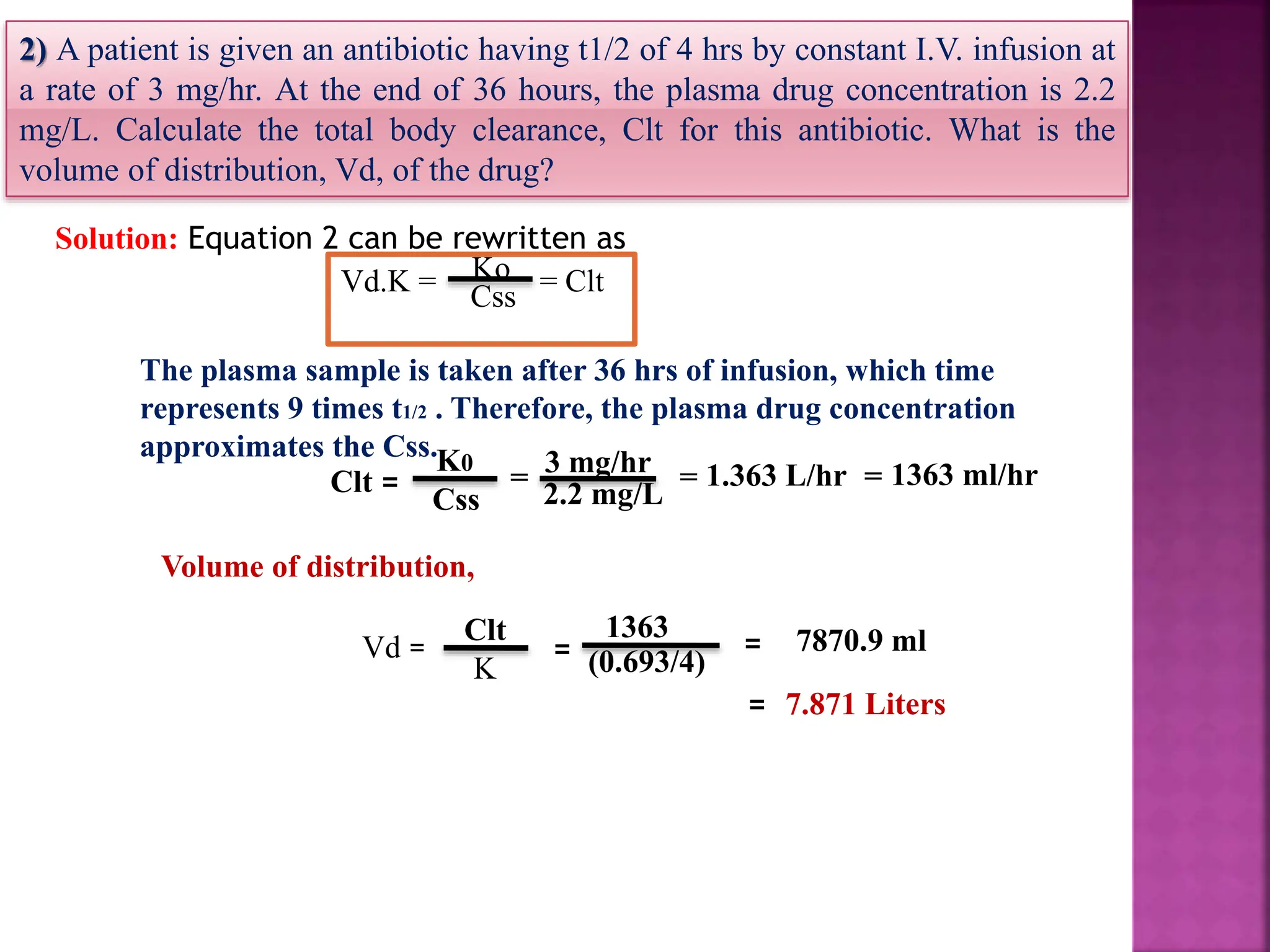 Calculation of the plasma drug levels after a single dose IVinfusion..pptx