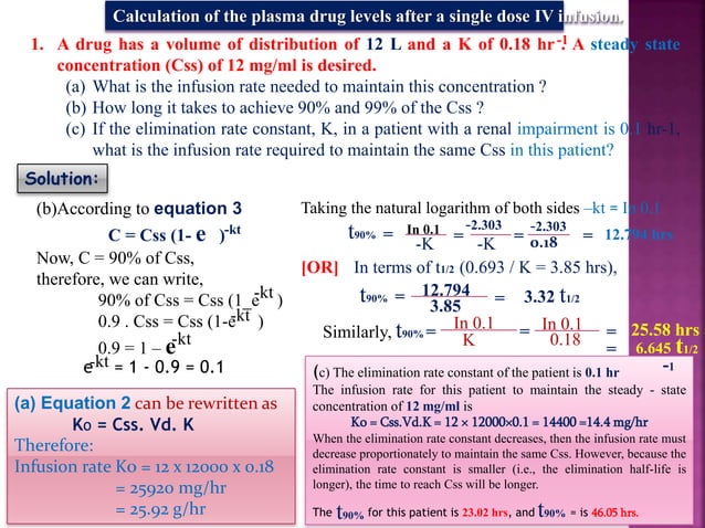 Calculation of the plasma drug levels after a single dose IVinfusion ...