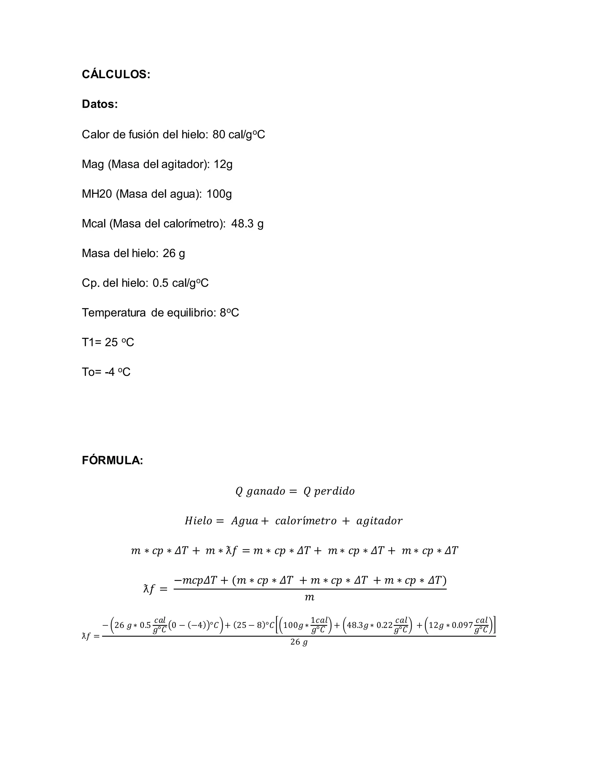 Calculos calor-de-fusion | DOCX | Chemistry | Science