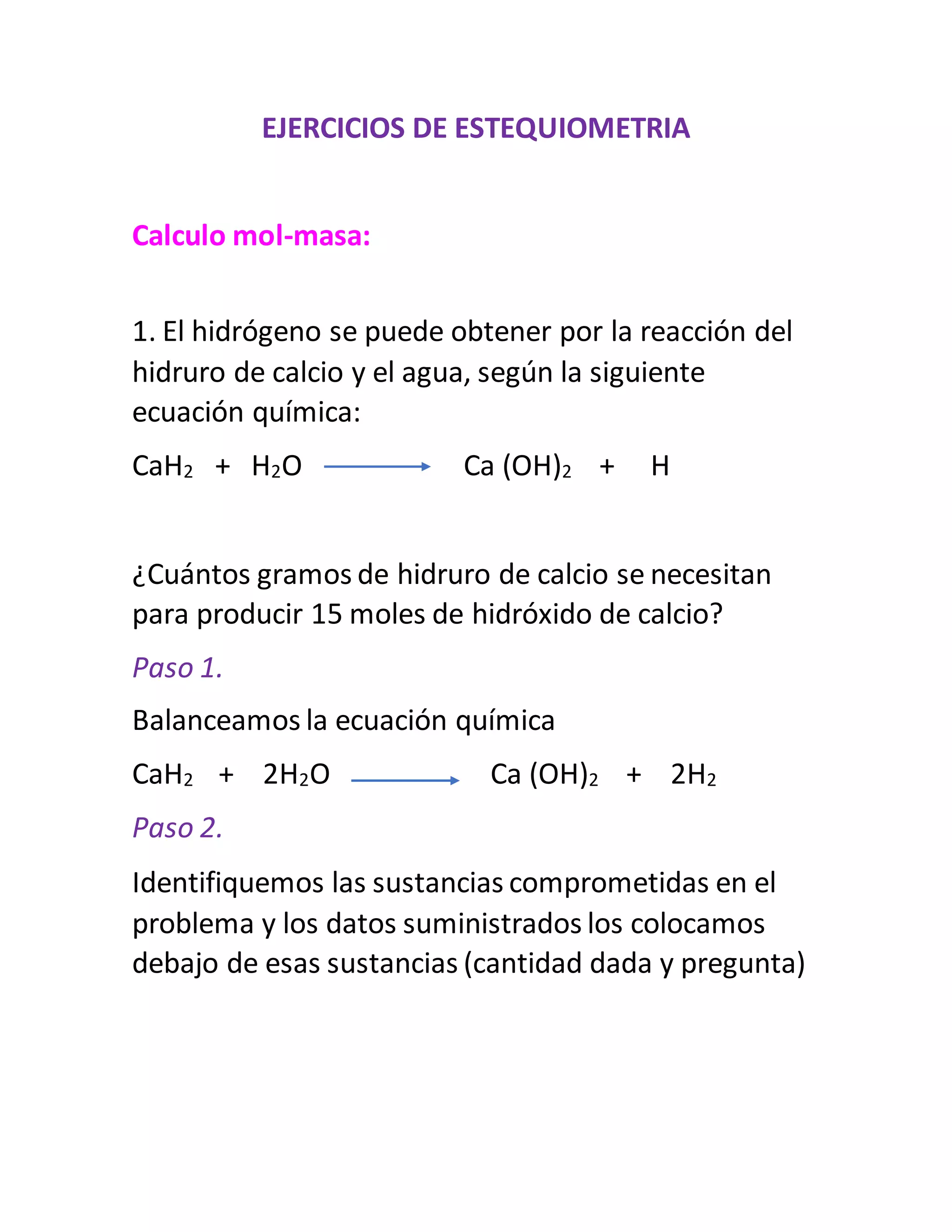Cálculos estequiometricos mol masa, masa-masa | DOCX
