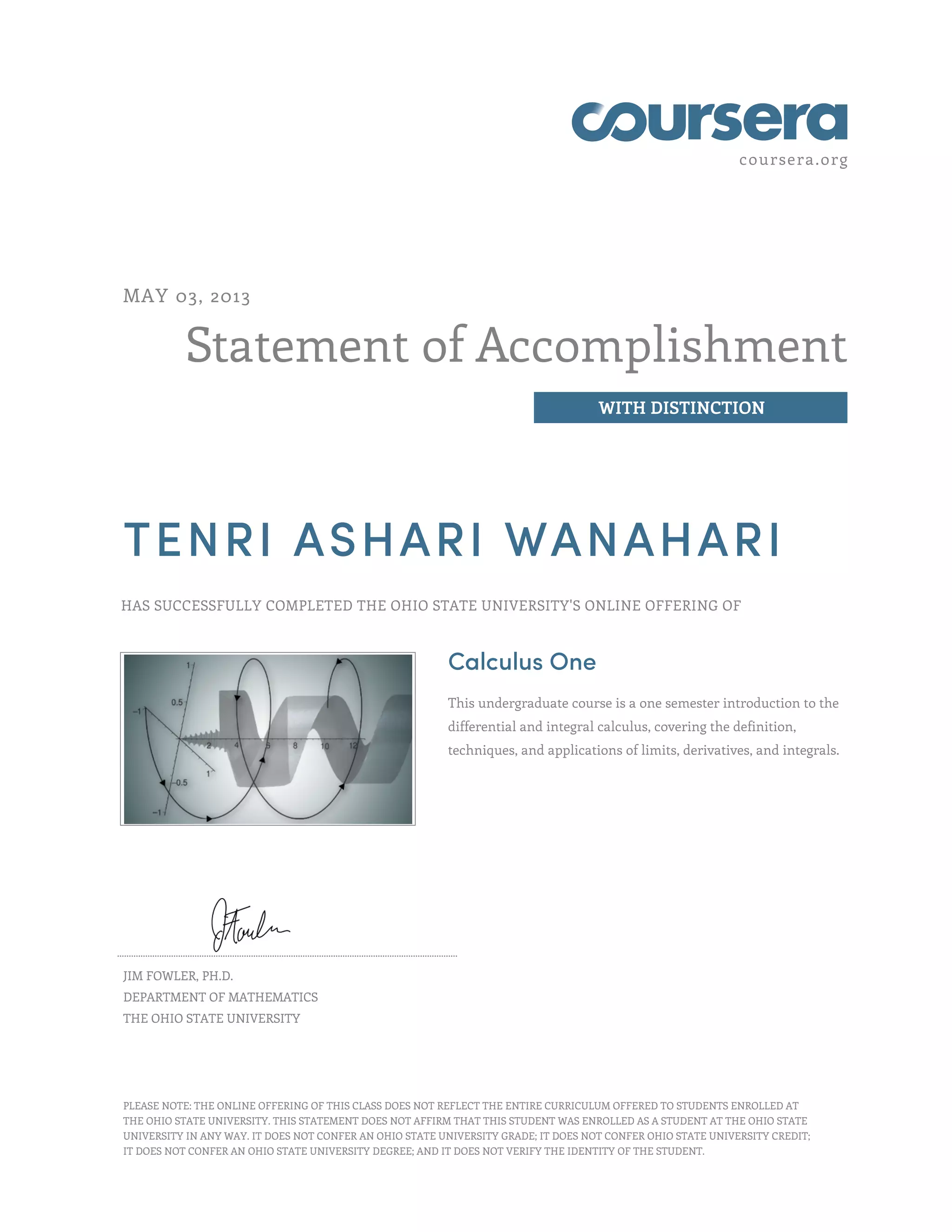 Coursera Certificate: Calculus One | PDF