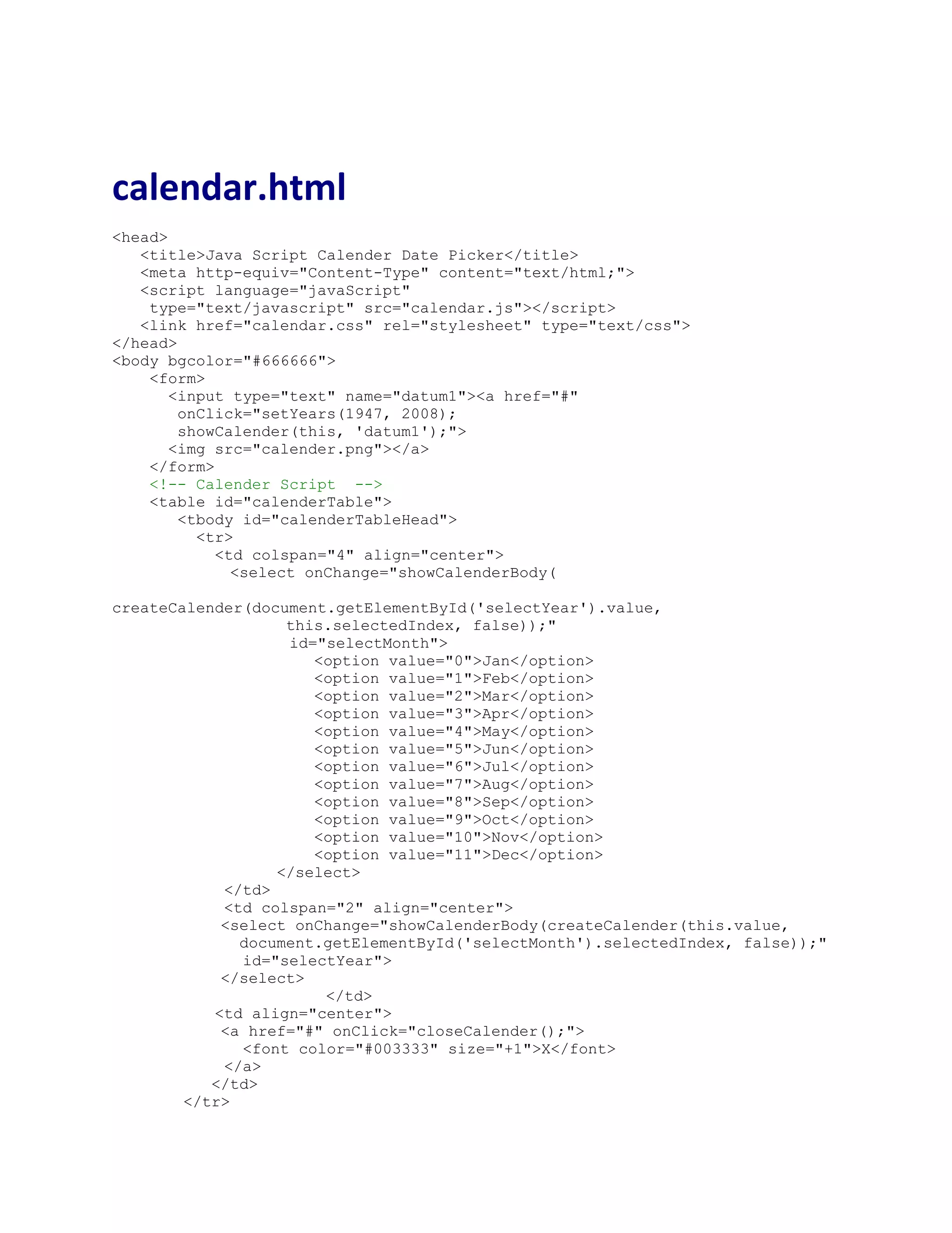 Calendar html code by karan chanana | DOCX