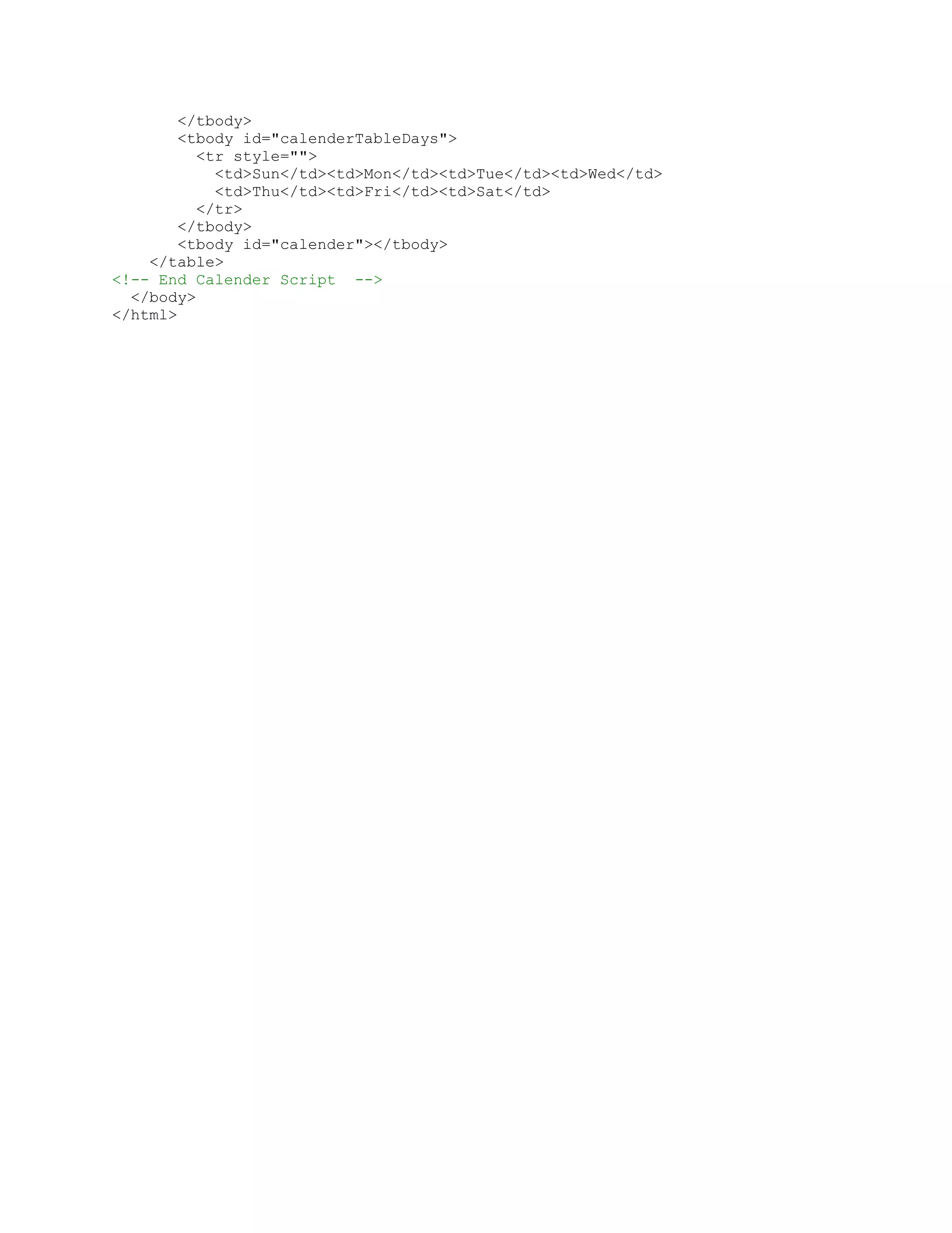Calendar html code by karan chanana | DOCX