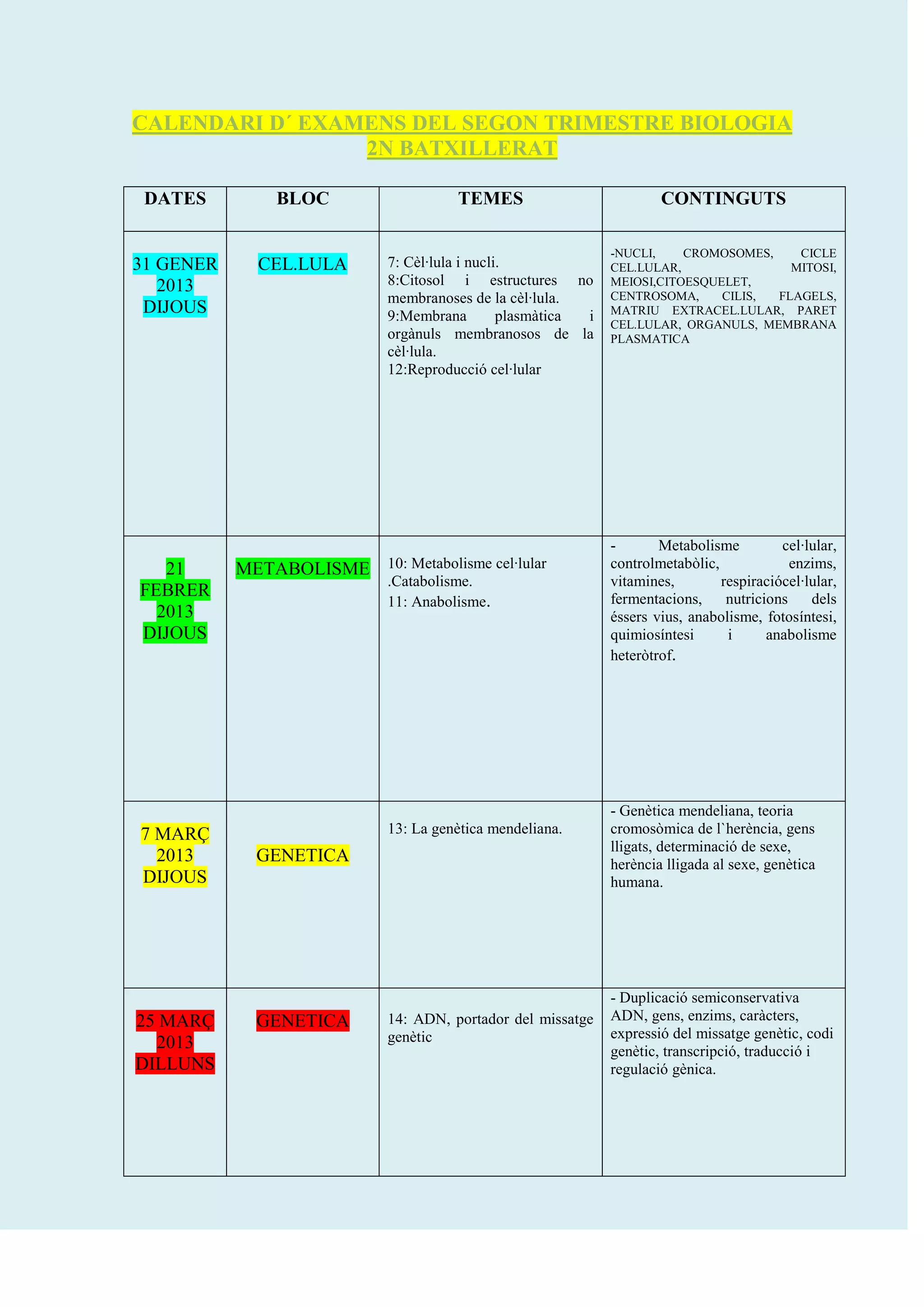 Calendari d´ examens del segon trimestre de biologia 2n batxillerat | DOCX