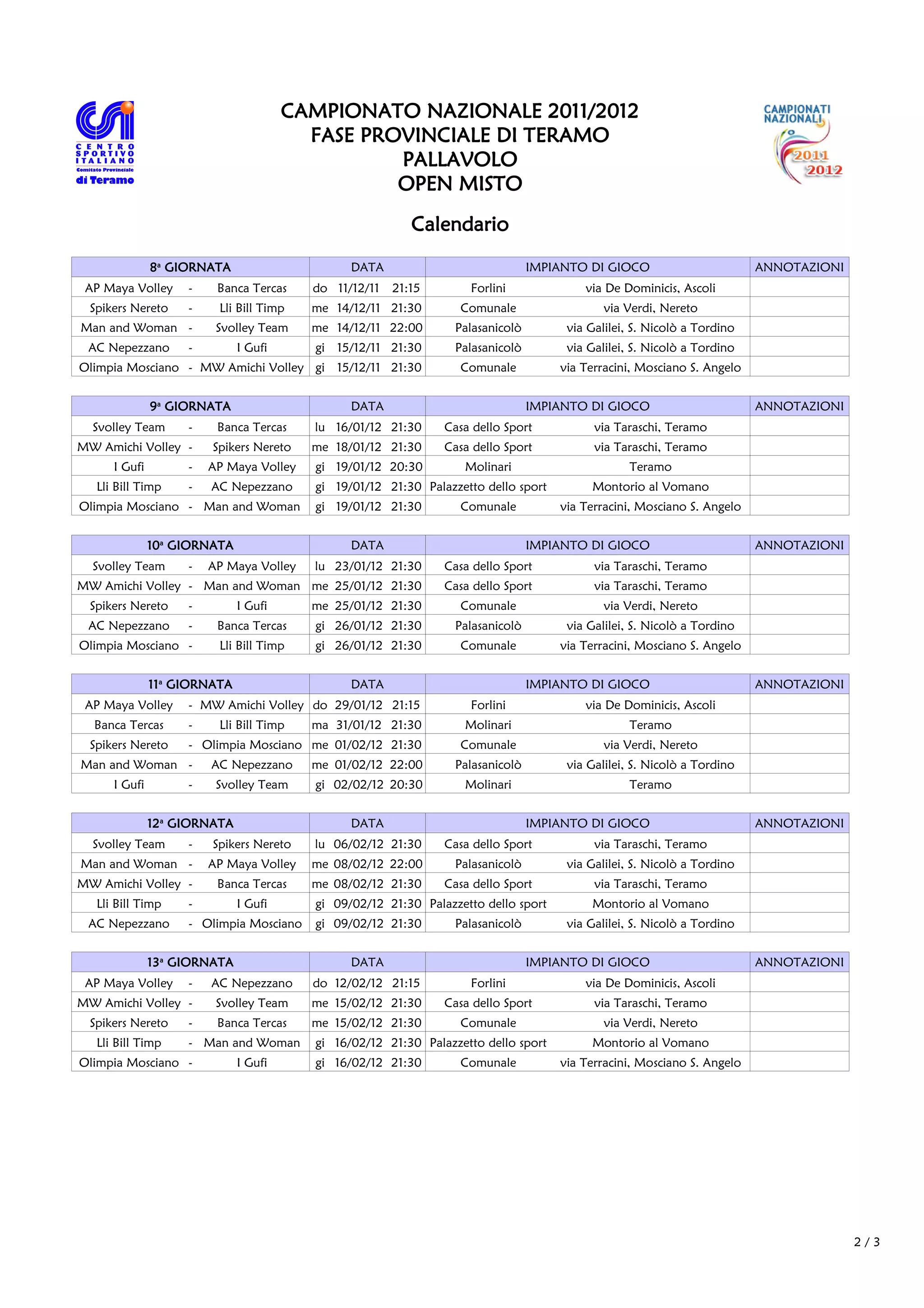 Calendario csi | PDF | Volleyball | Sports
