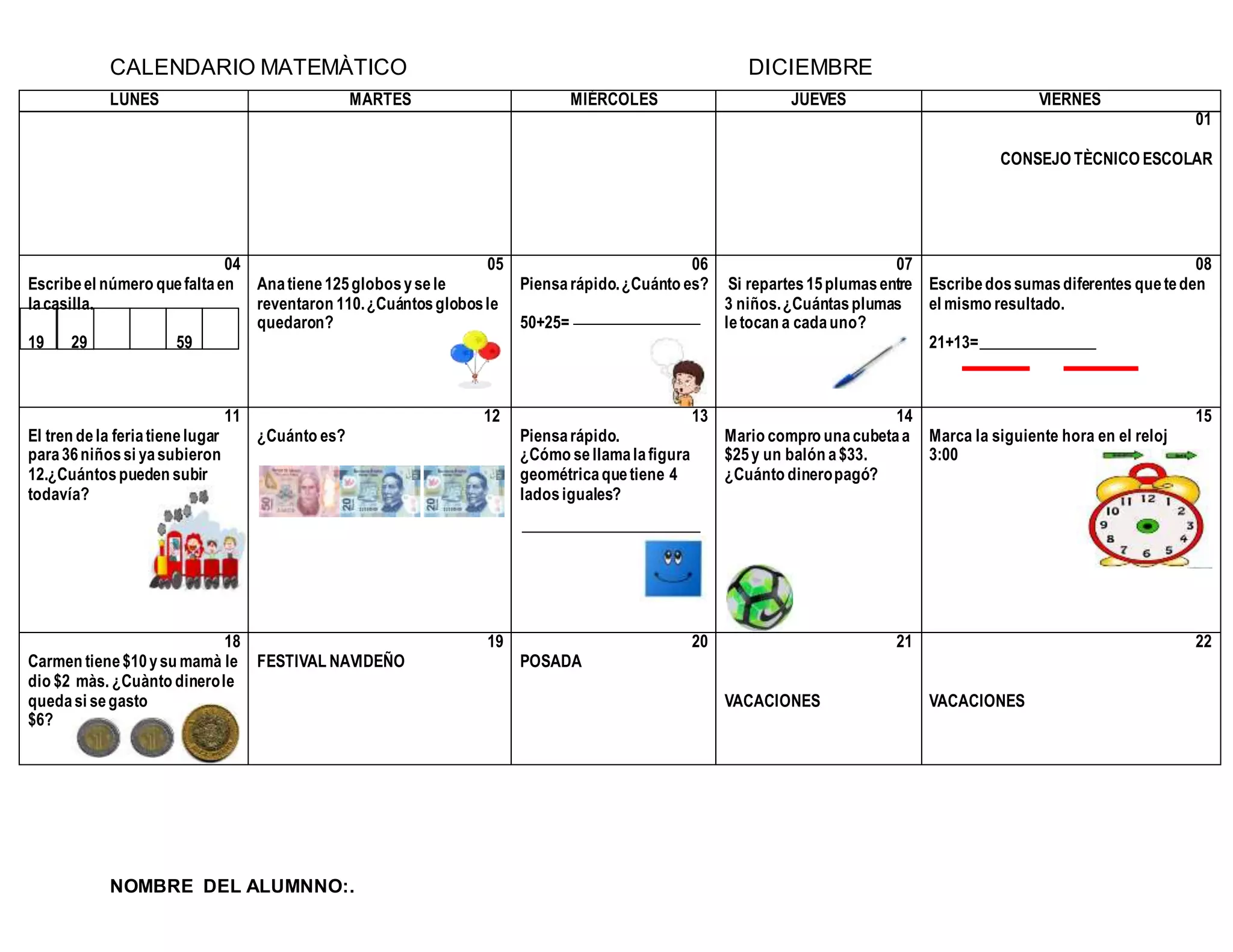 Calendario matematico diciembre | DOCX
