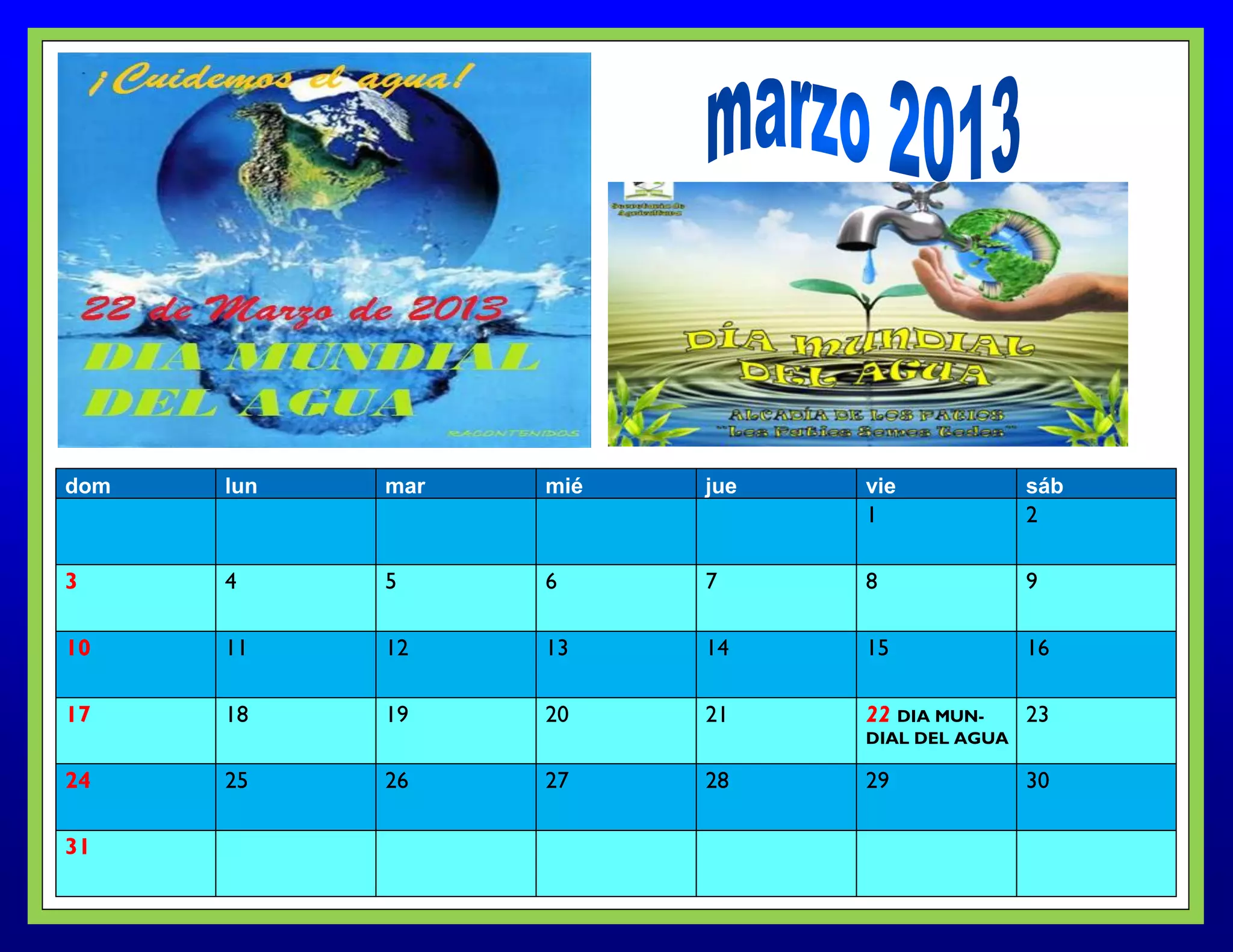 Calendario mensual dia del agua marzo | PDF