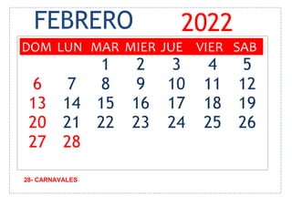Calendario Febrero 2022