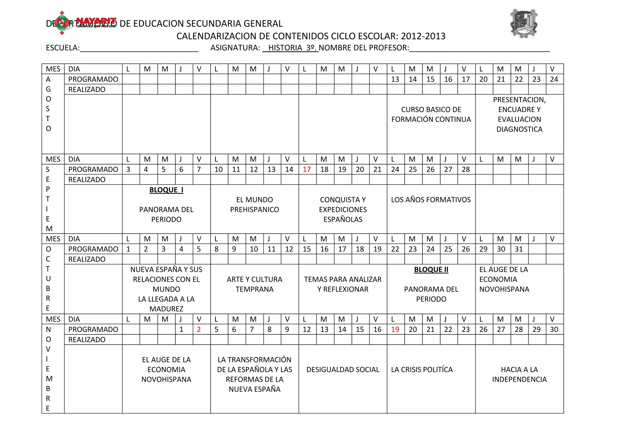Calendarizacion de historia II secundaria | DOCX