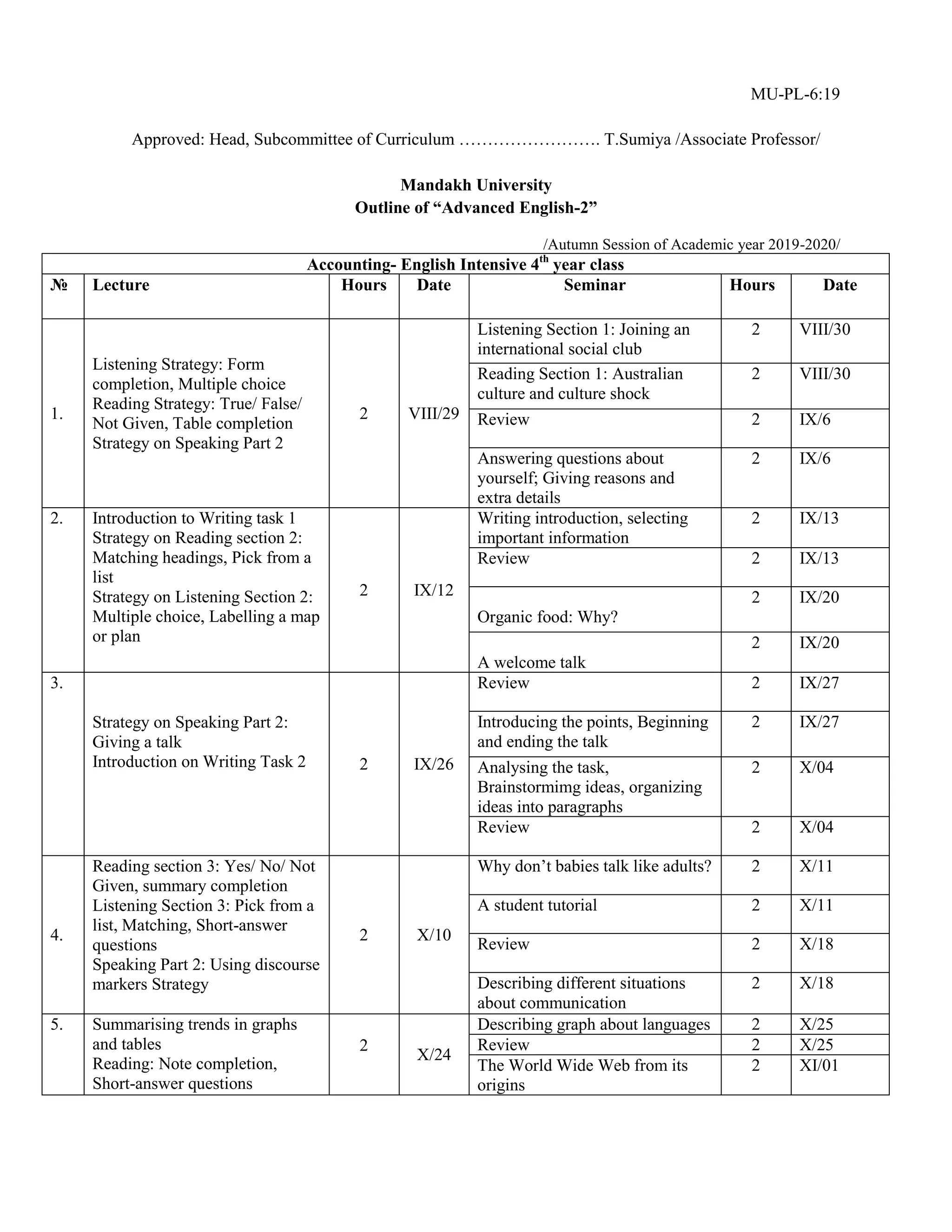 Calendar plan for afv. eng 201 2020 | PDF
