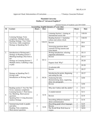 Calendar plan for afv. eng 201 2020 | PDF