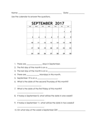 Calendar worksheets | PDF