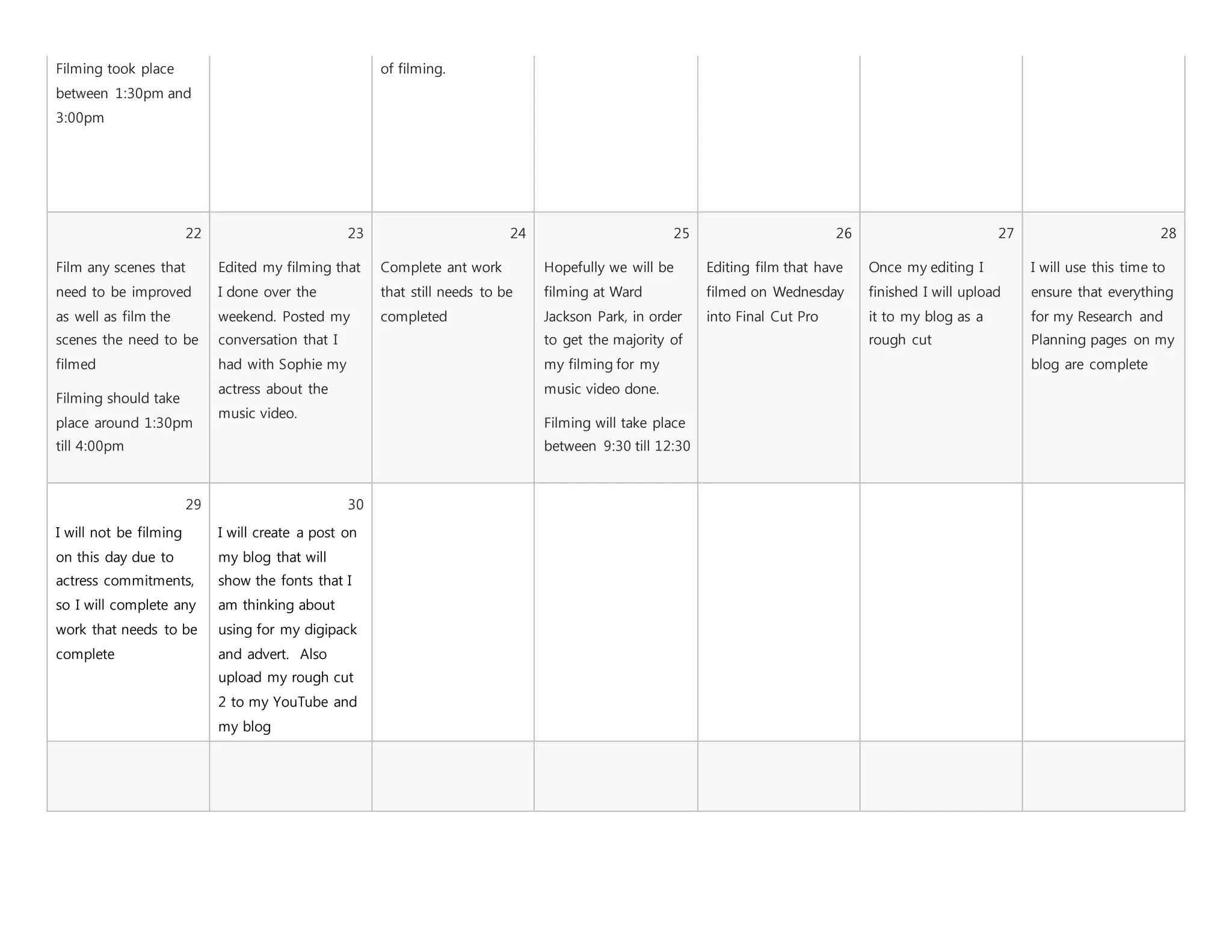 Calendar of Filming Progress- Week Commencing 30th- 6th | PPT