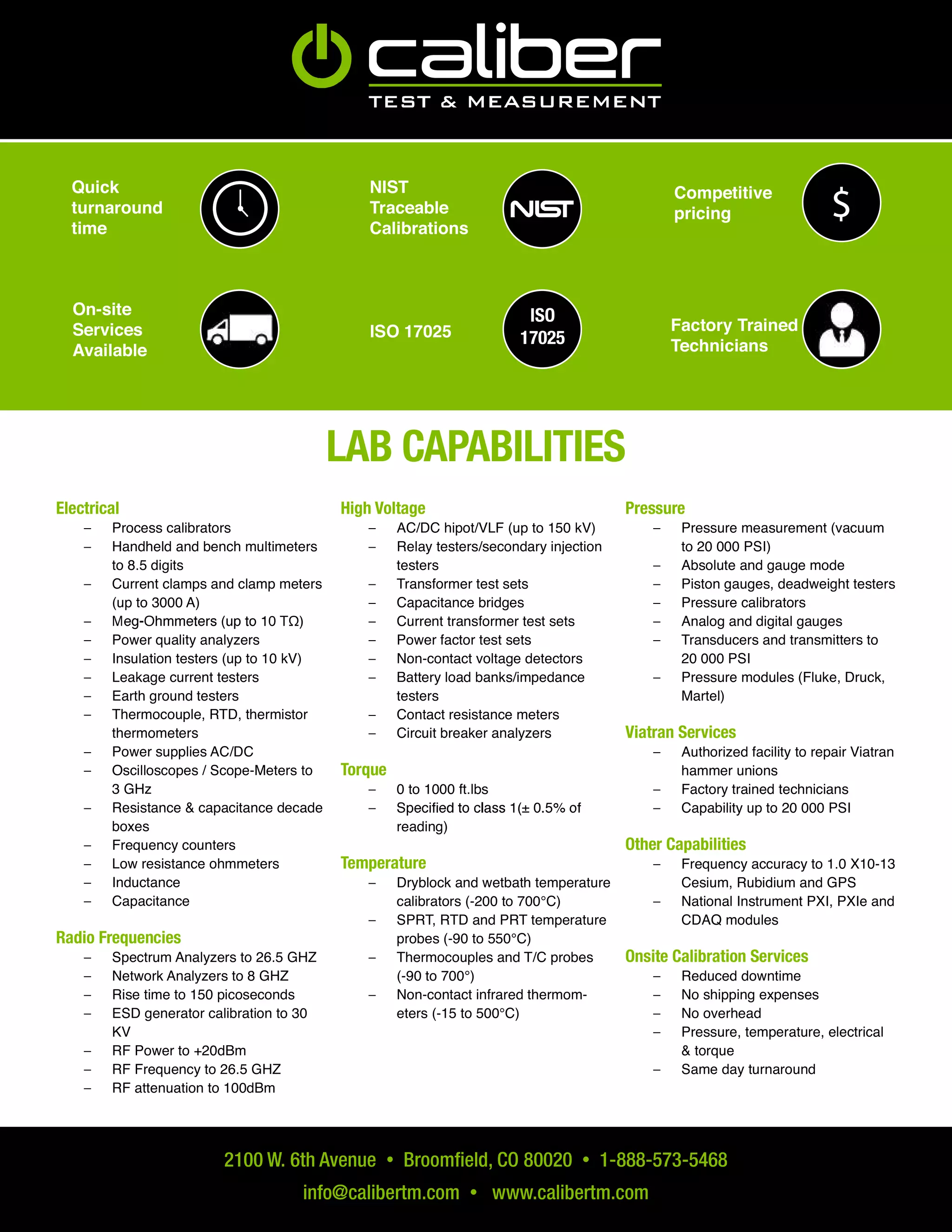 Caliber Test & Measurement Calibration Capabilities | PDF
