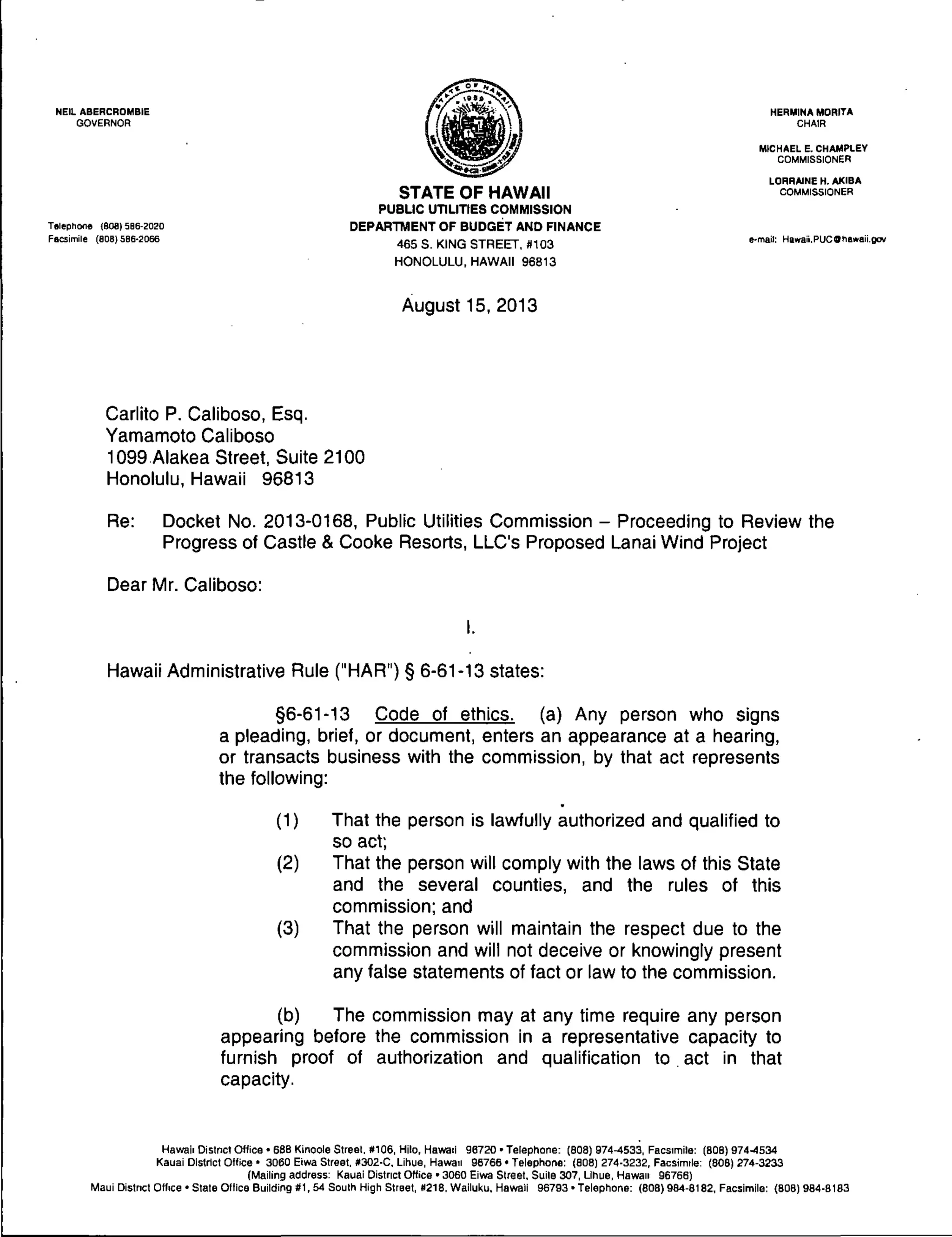 PUC Chair Morita's Letter to Attorney Caliboso | PDF