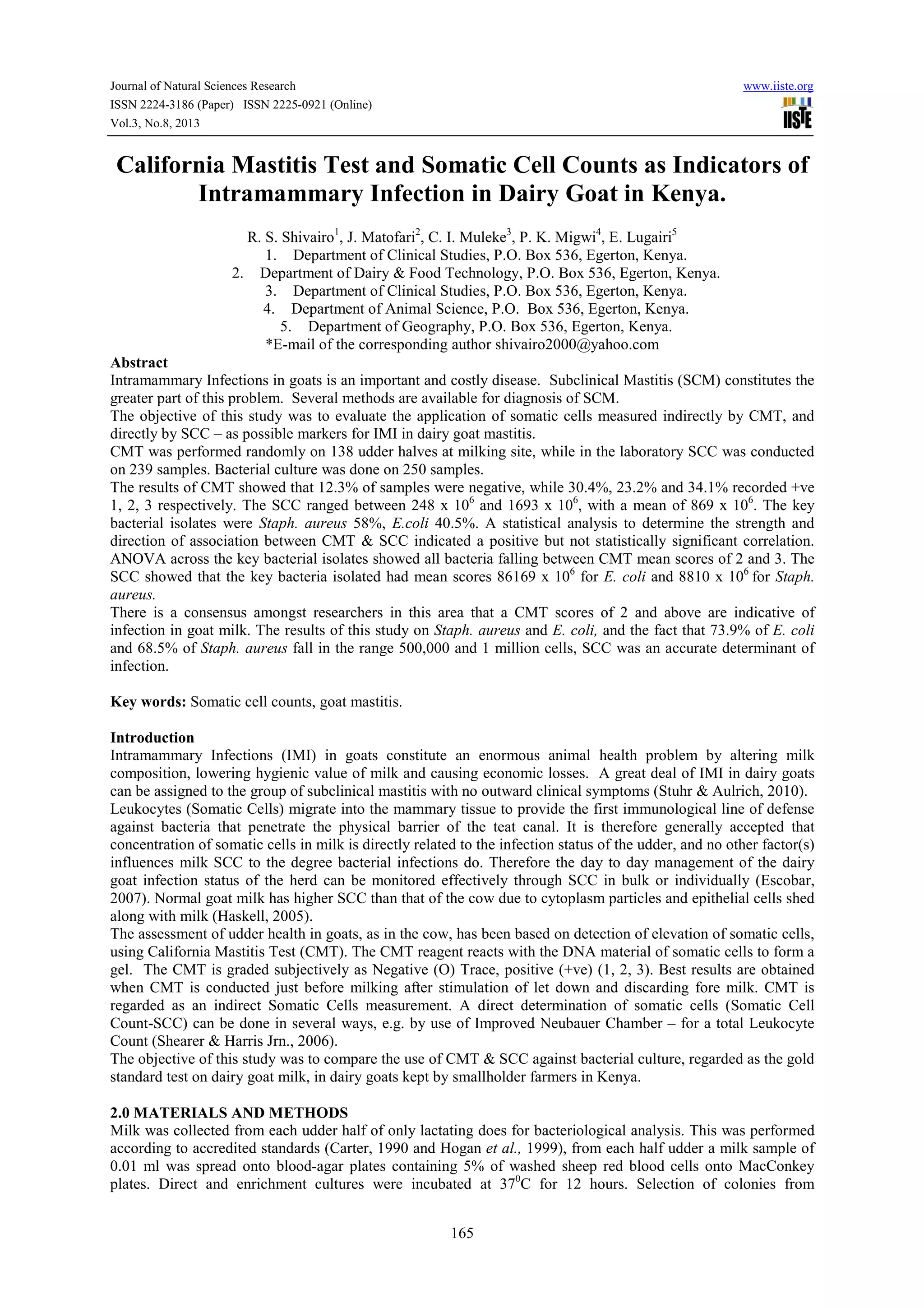 California mastitis test and somatic cell counts as indicators of ...