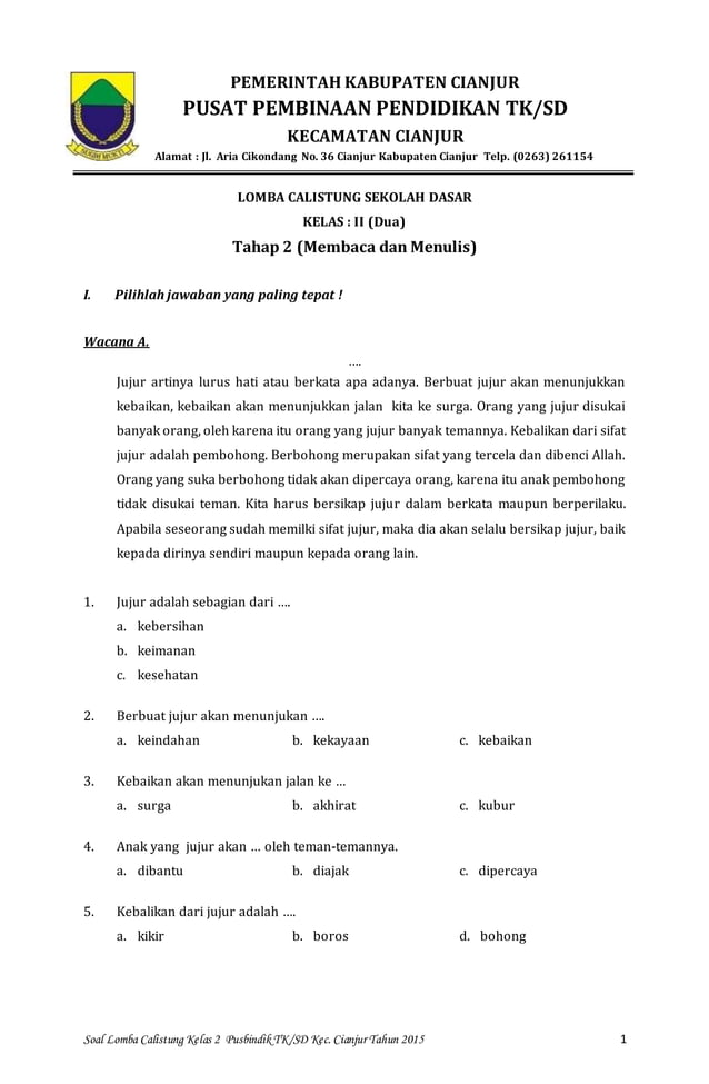 Calistung kelas 2 tahap 2 | DOCX