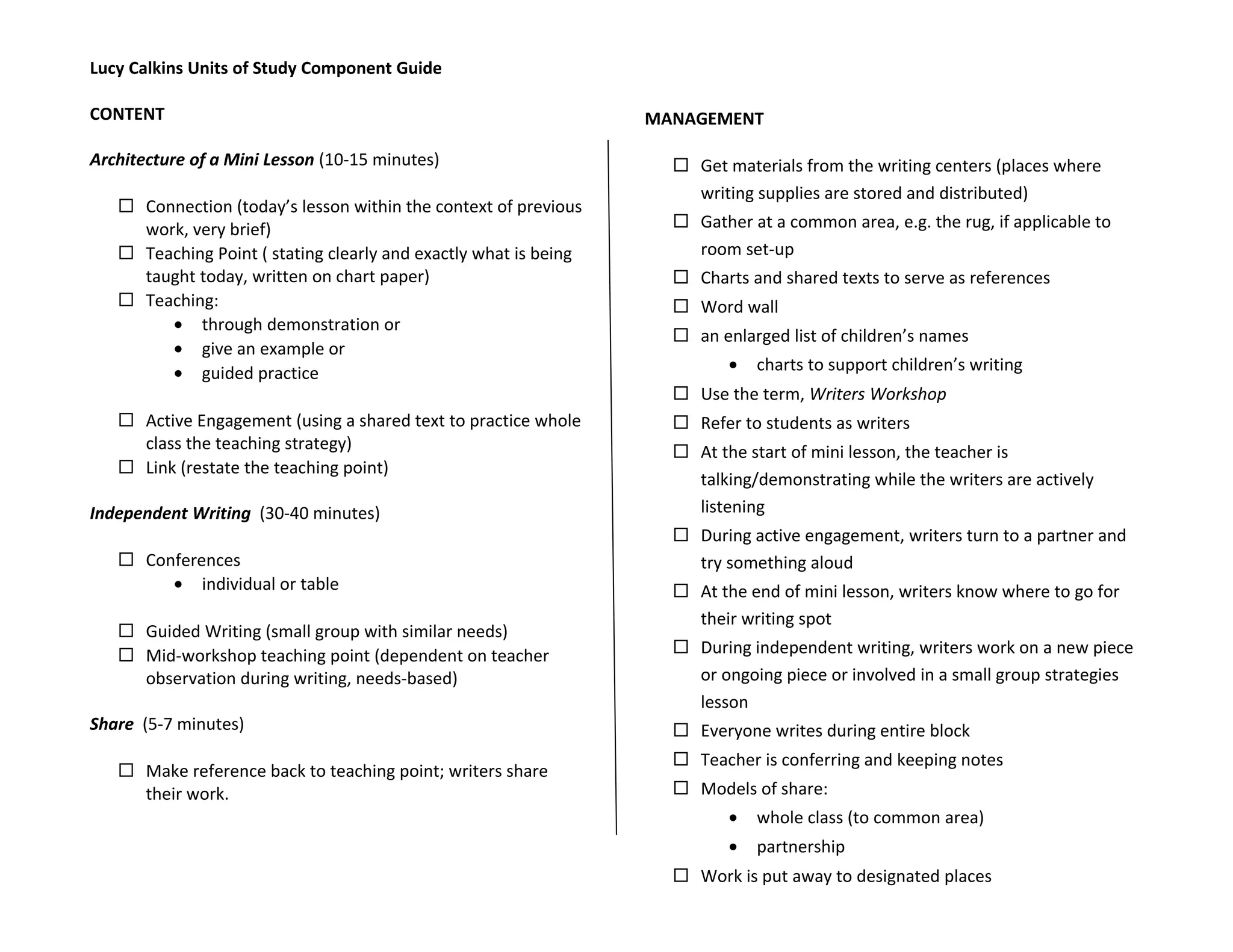 Calkins guide to lesson planning and management checklist for writing | DOC