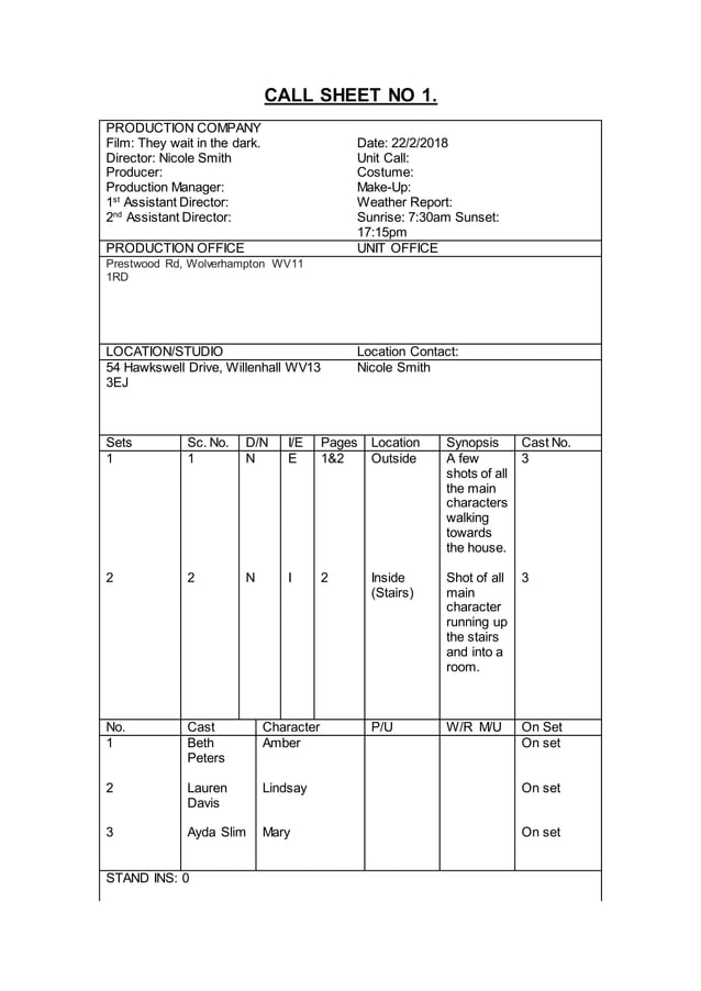 Call sheet-no 1 | PDF
