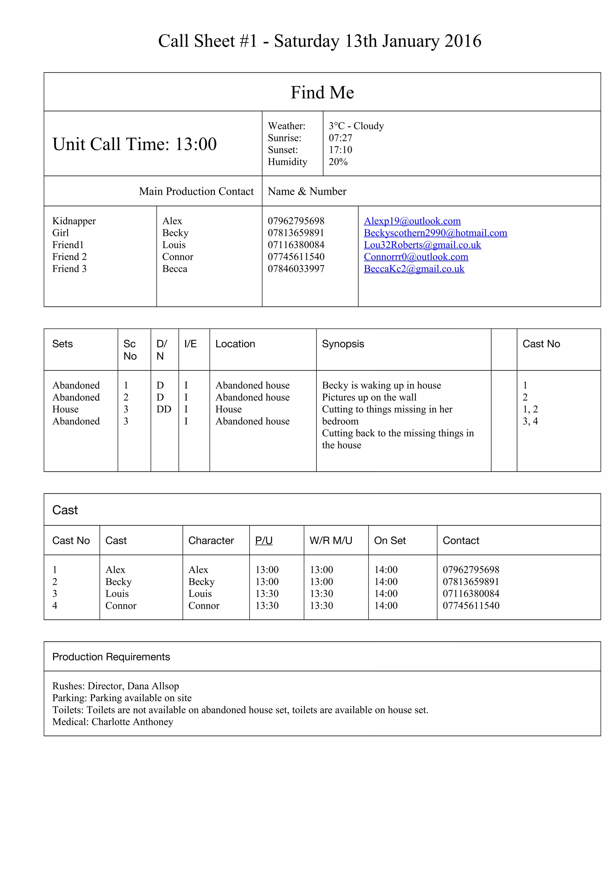 Call sheet- Find Me | DOC | Movies | Entertainment