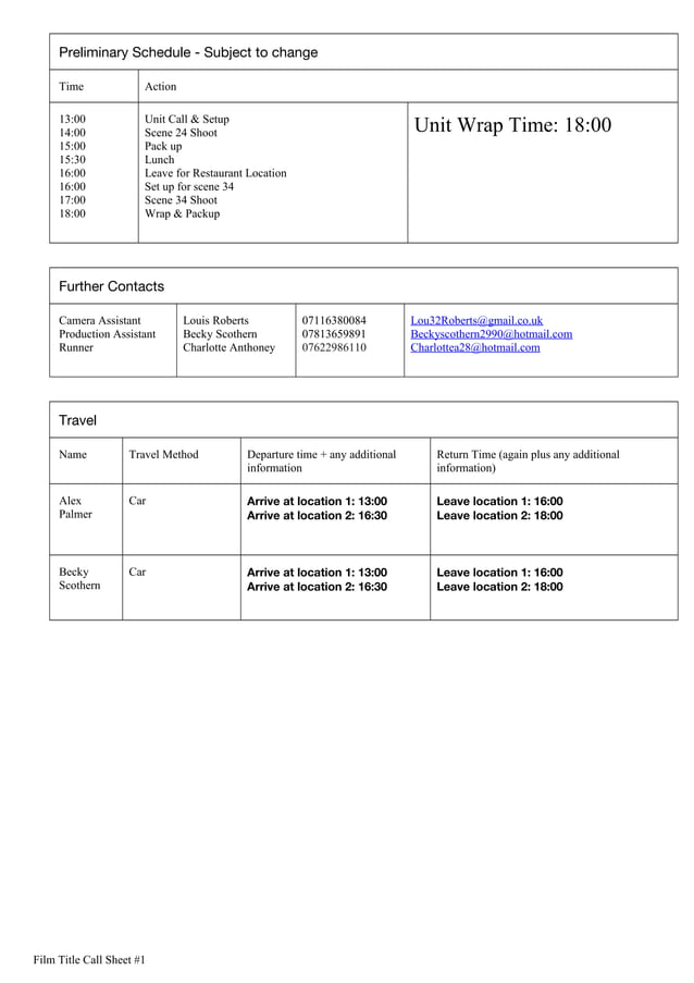 Call sheet- Find Me | PDF