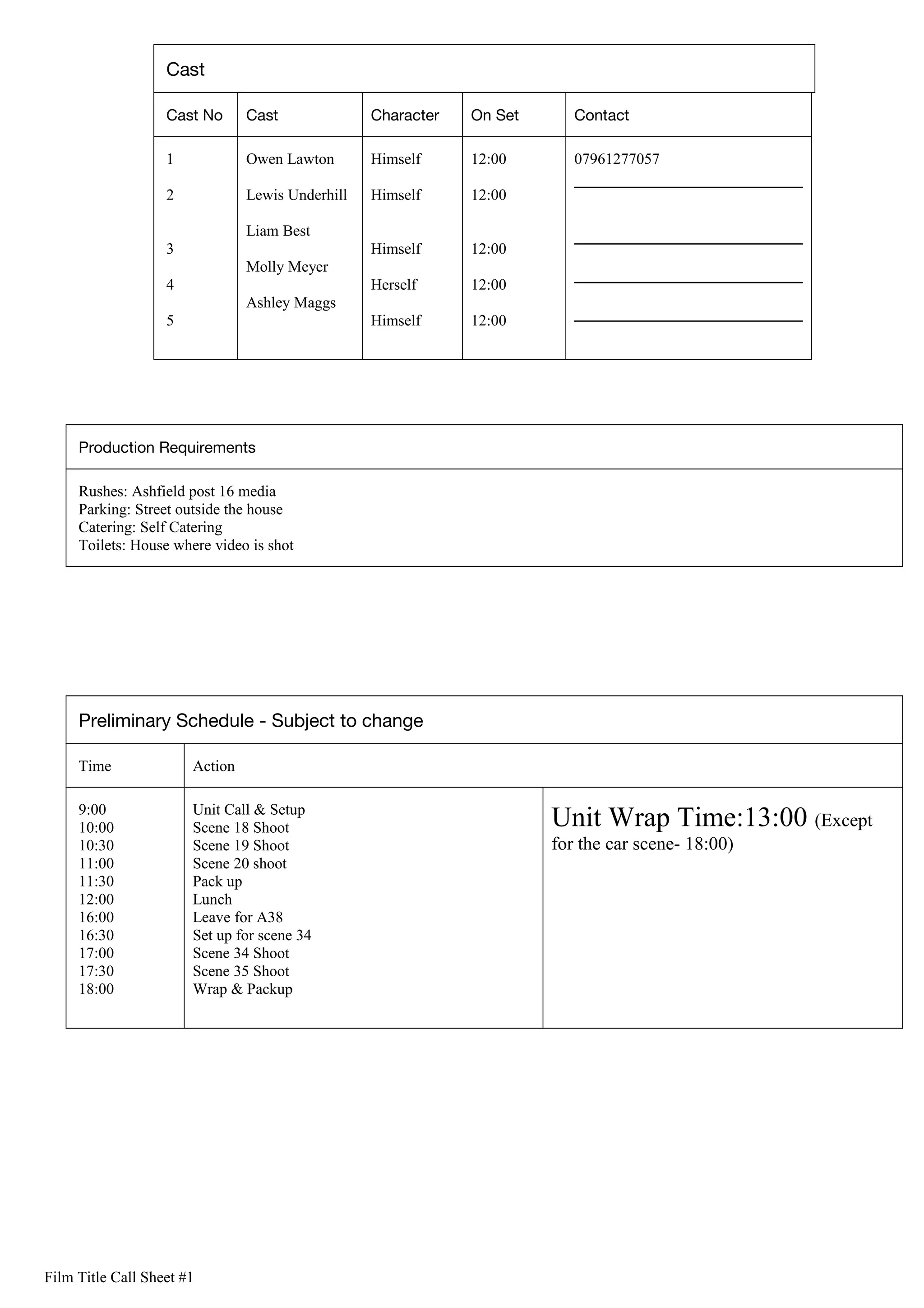 Call sheet-short-drama | PDF