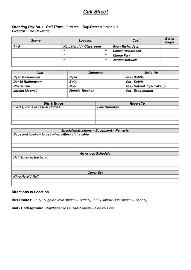Call sheet 1
