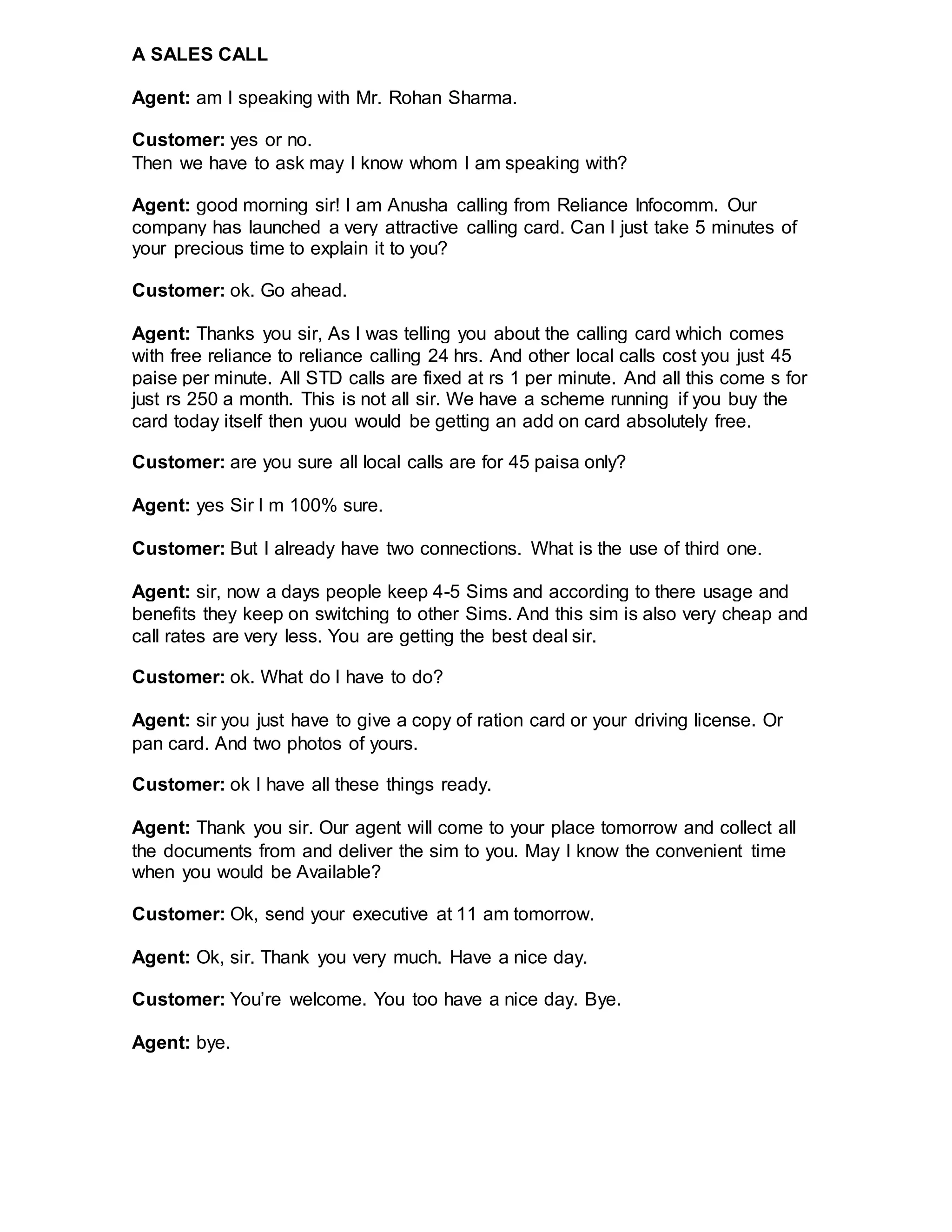 Call center mock calls script sample | DOCX