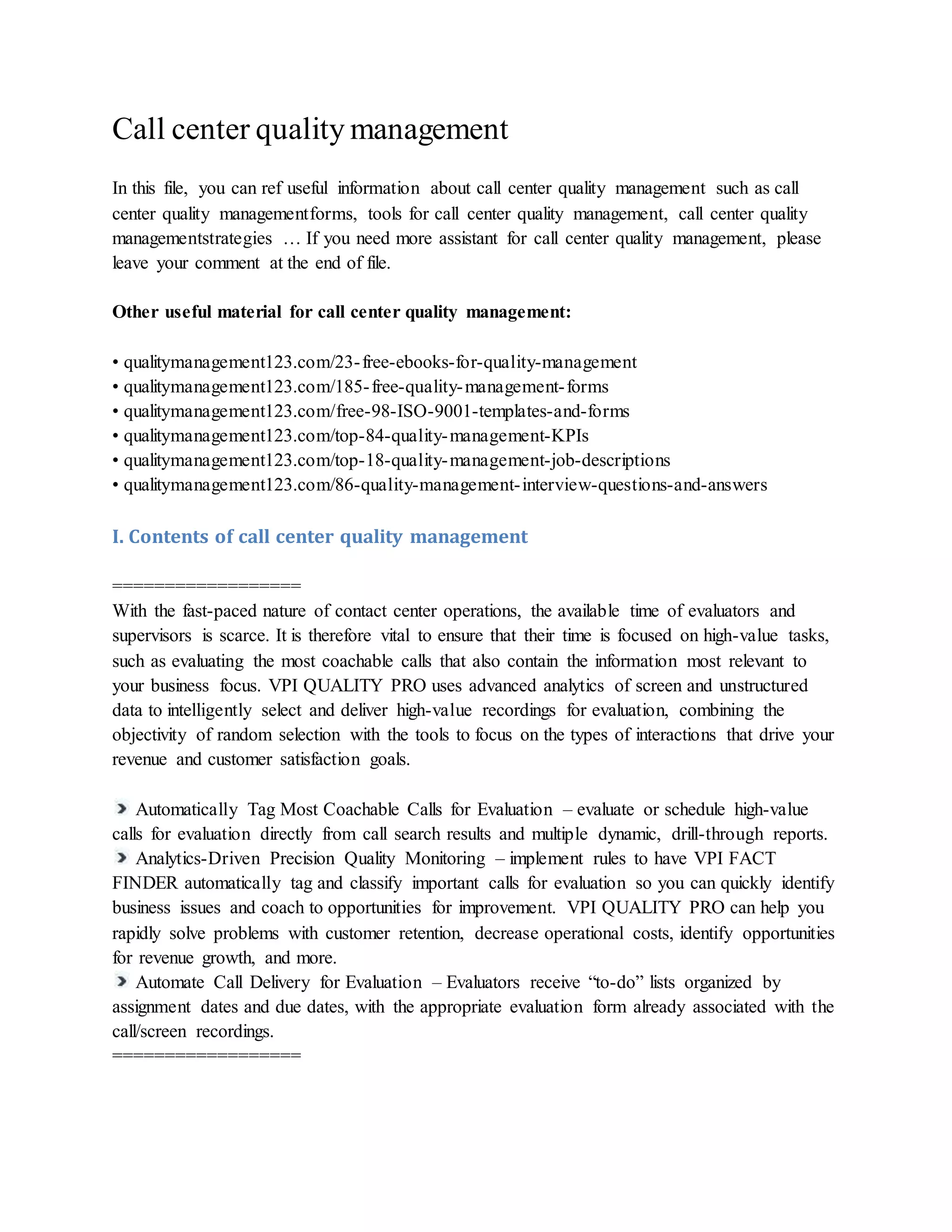 Call center quality management | DOCX