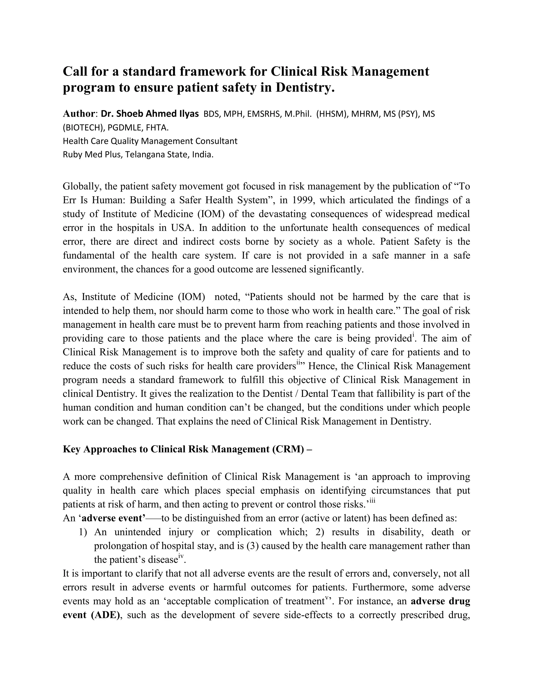 Call for a standard framework for clinical risk management program to ...