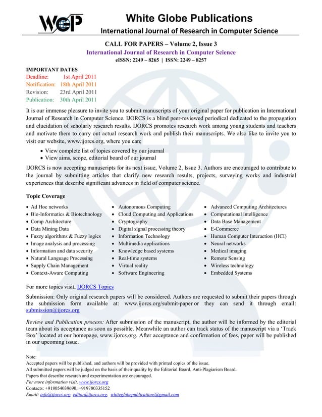 Call for Papers - IJORCS, Volume 2, Issue 3 | PDF