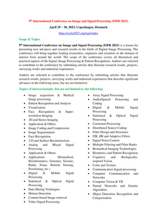 9 th International Conference on Image and Signal Processing (ISPR 2023) | PDF