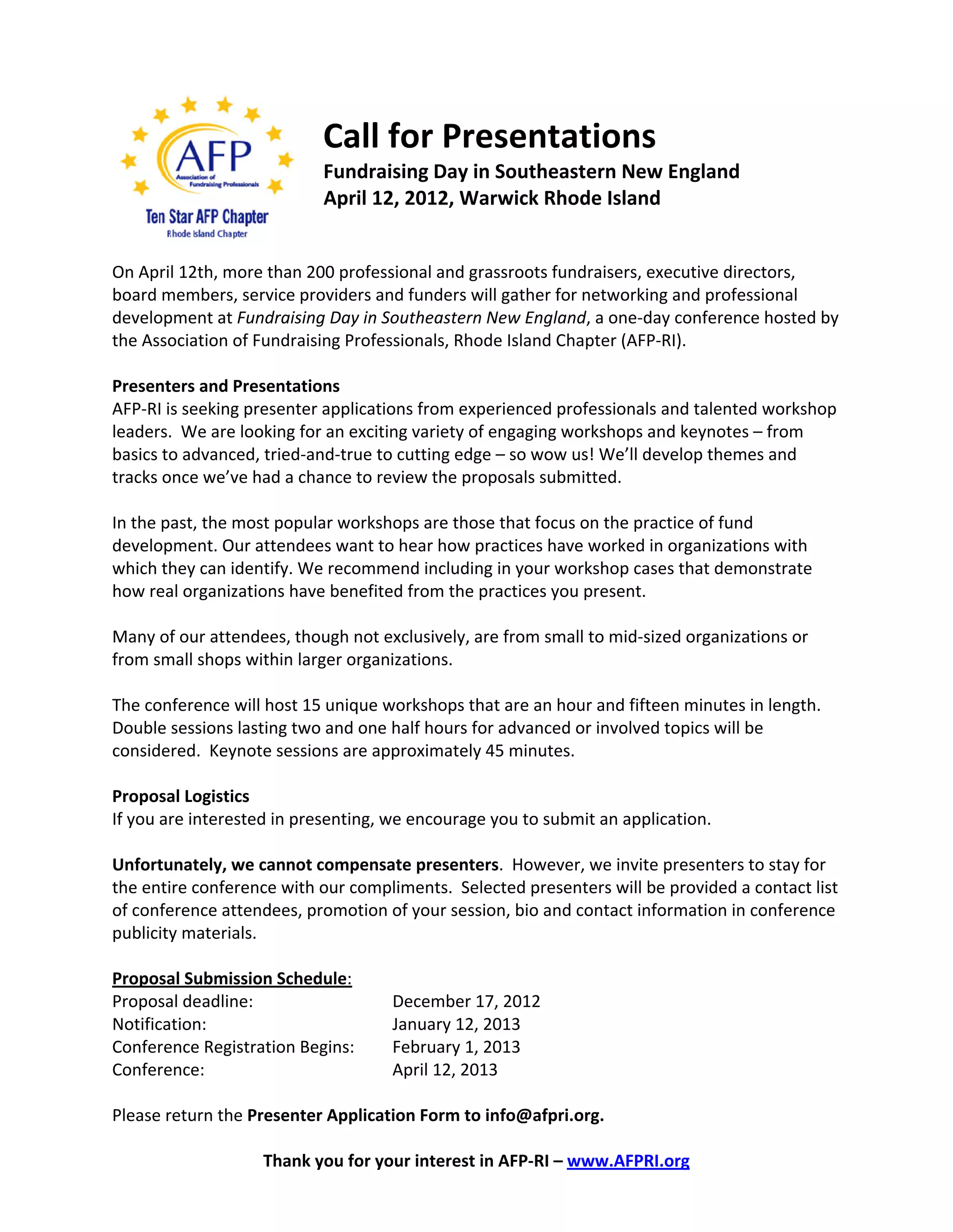 Call for Presenters - AFPRI 2013 | PDF