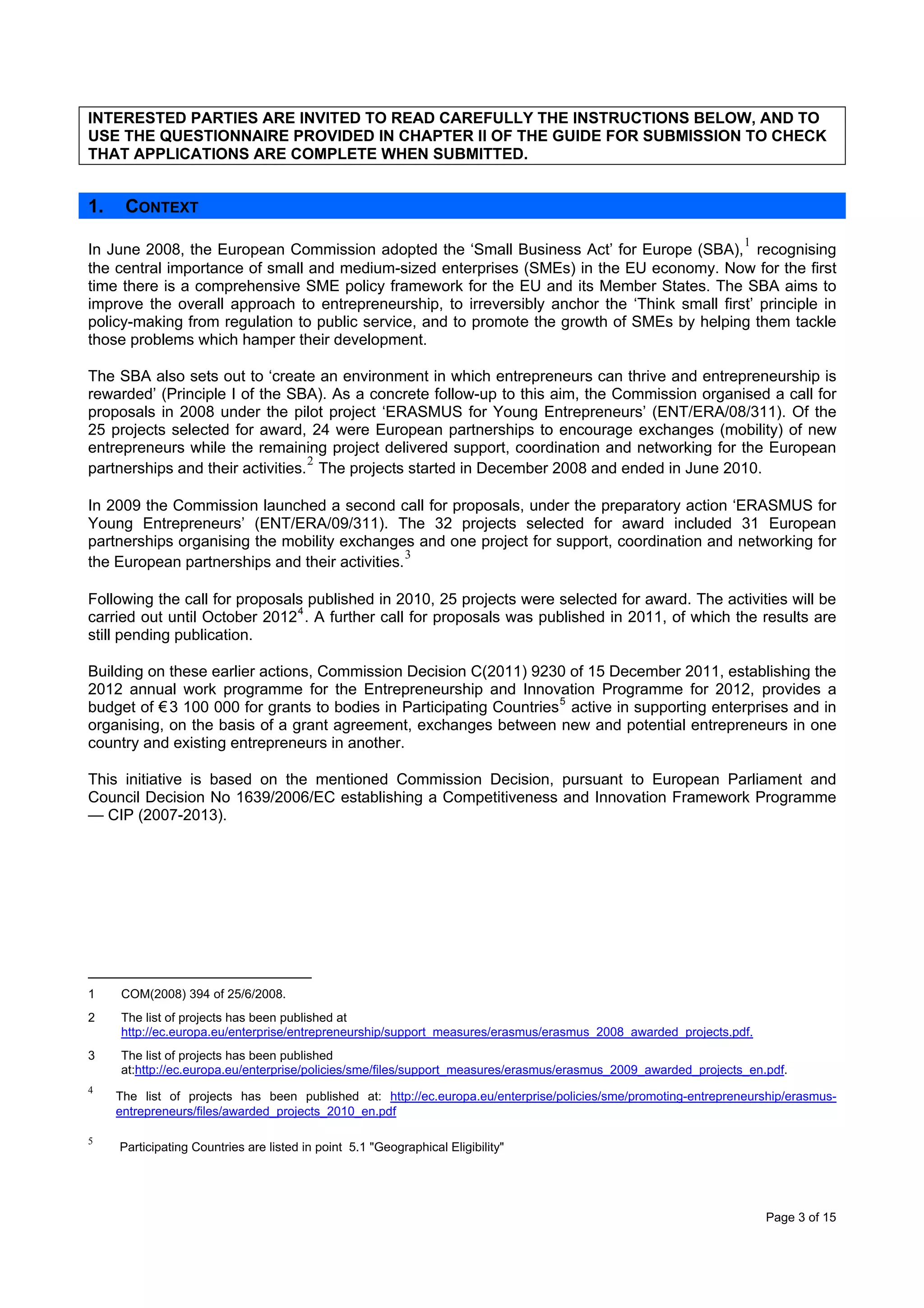 Erasmus for Young Entrepreneur - Call for proposals | PDF