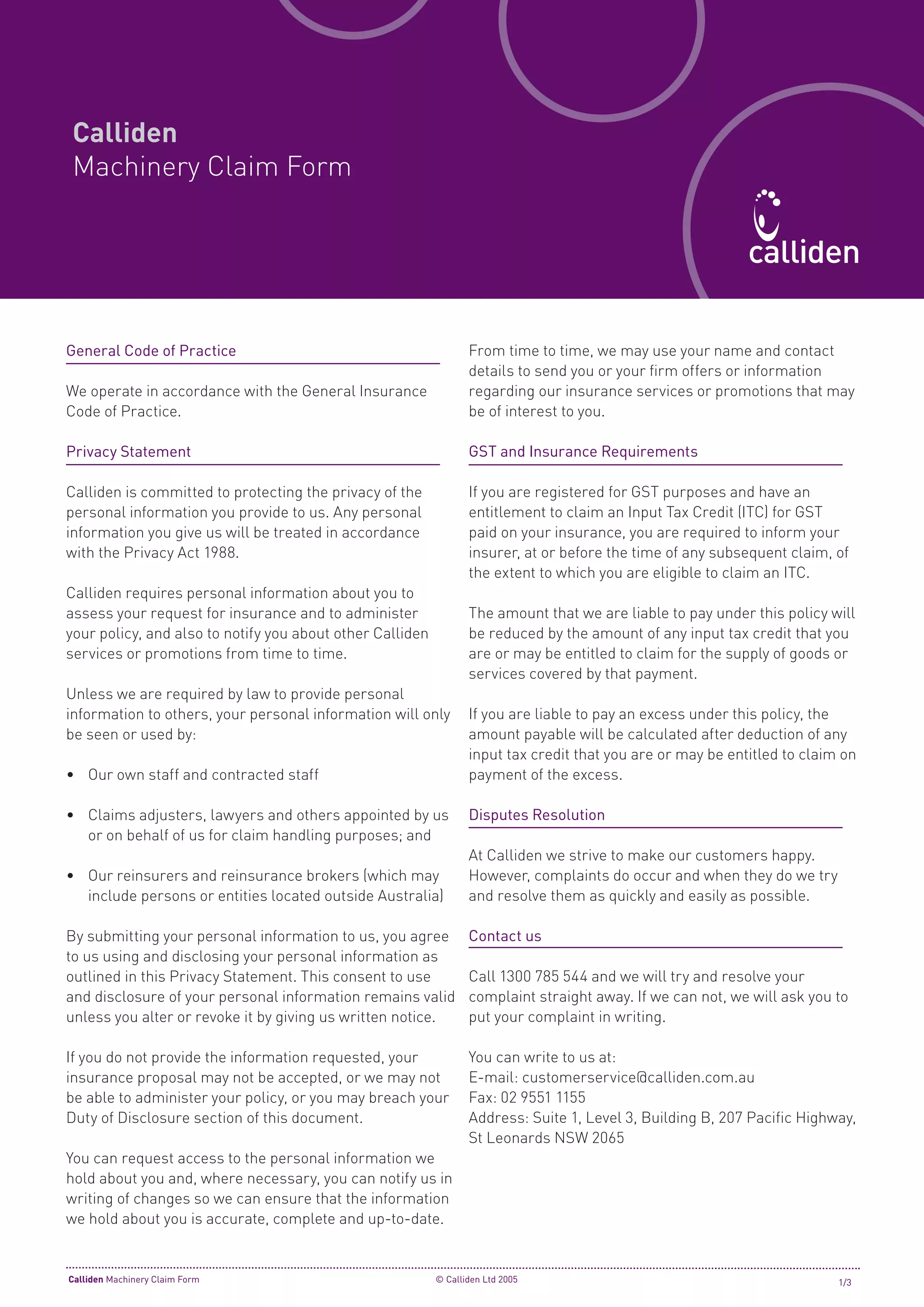 Calliden Machinery Breakdown Claim Form | PDF