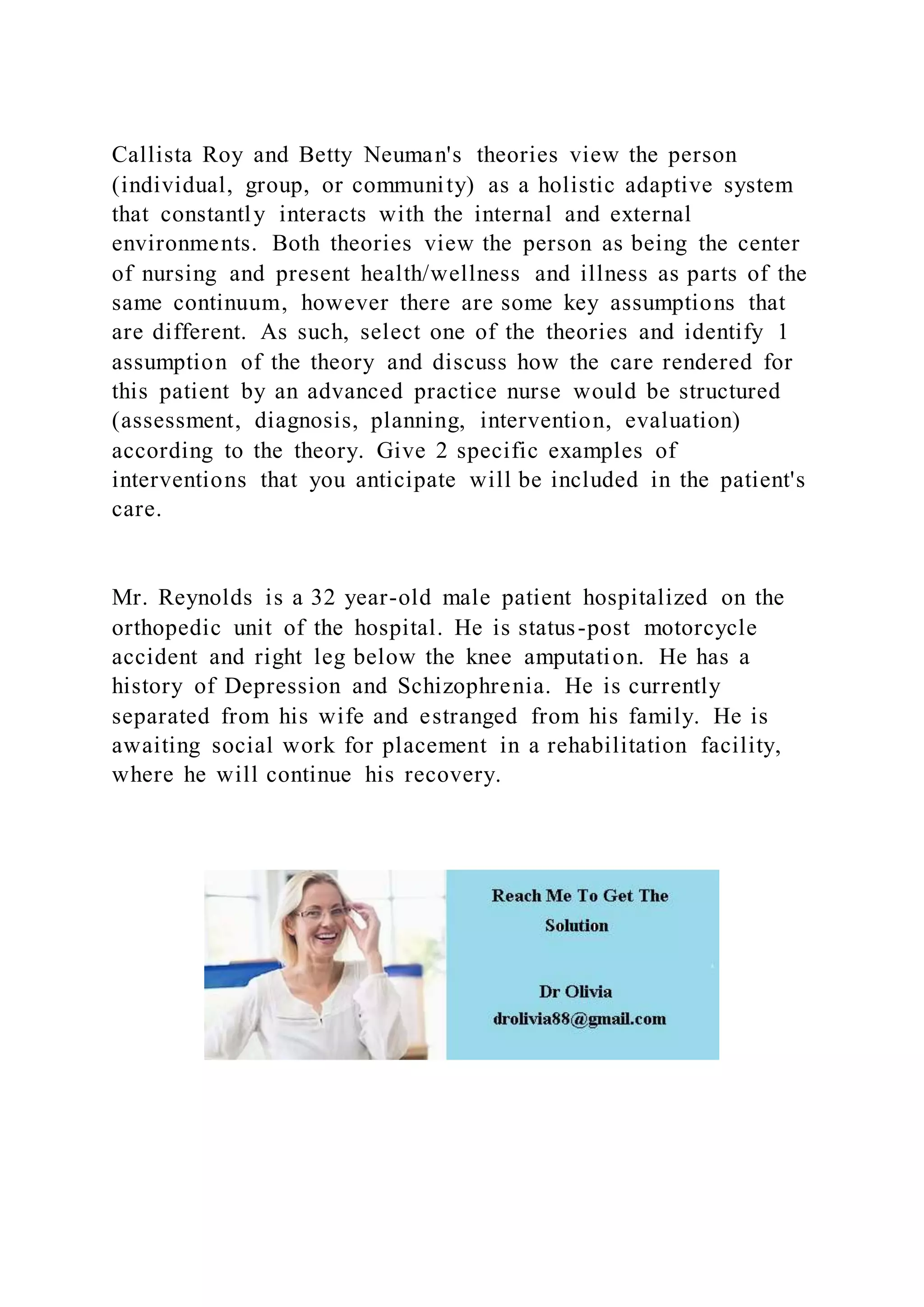 Callista Roy and Betty Neumans theories view the person (individual | DOCX