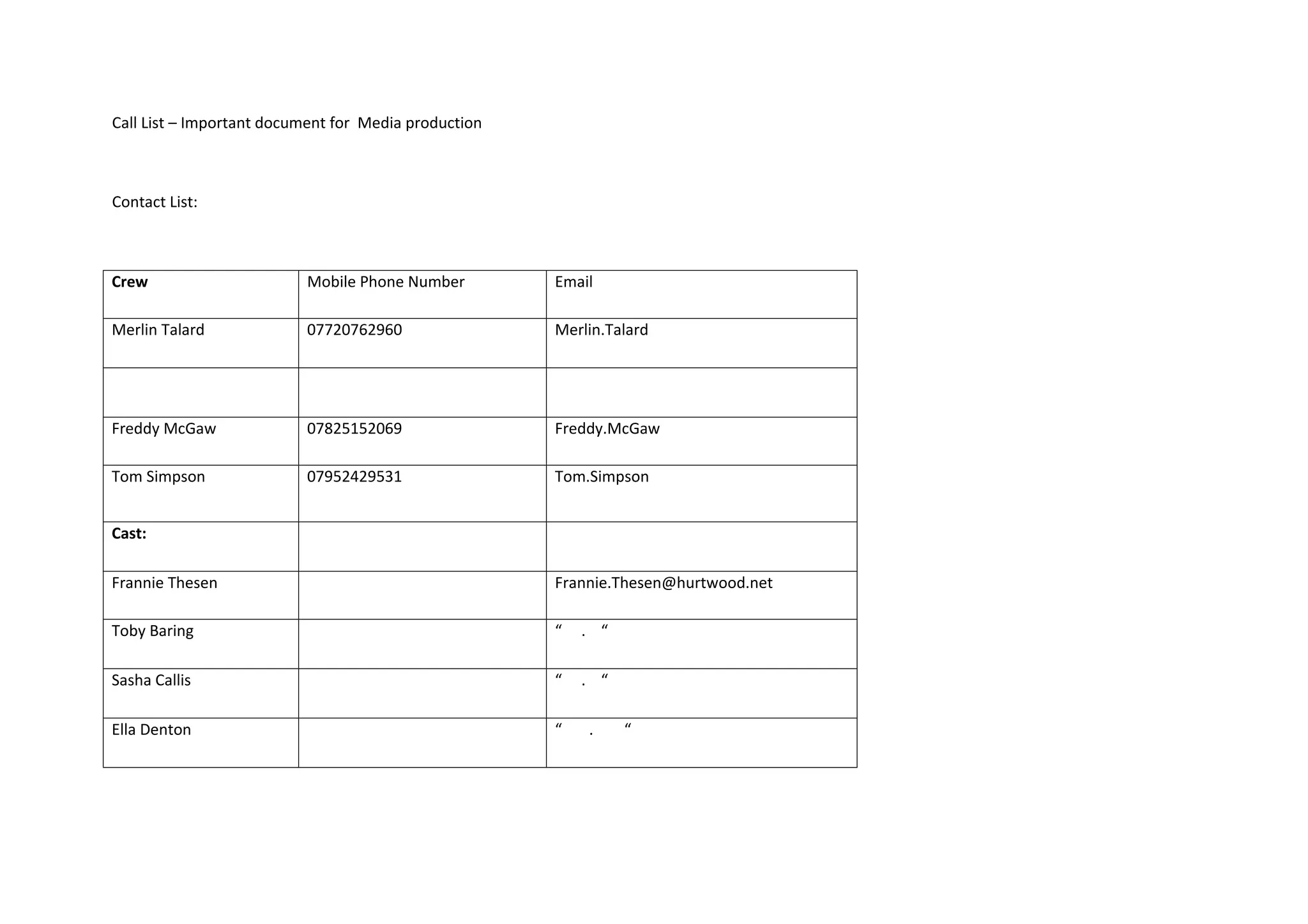 Call list proforma | DOC