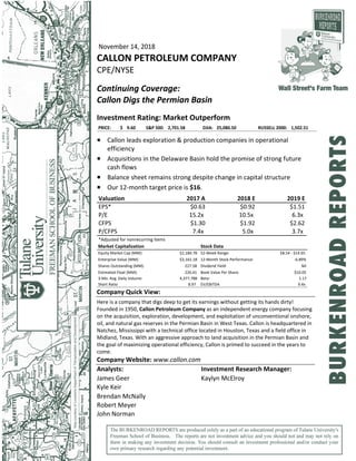 Callon Petroleum (CPE) - Burkenroad Reports - Fall 2018 | PDF