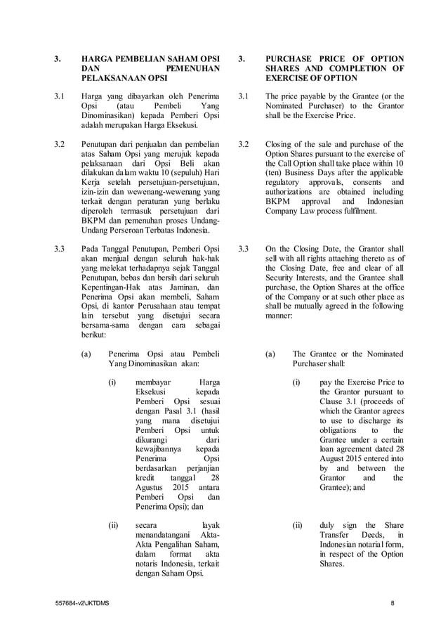 Perjanjian Opsi Beli - Call option agreement_Bilingual (Beli Perjanjian ...