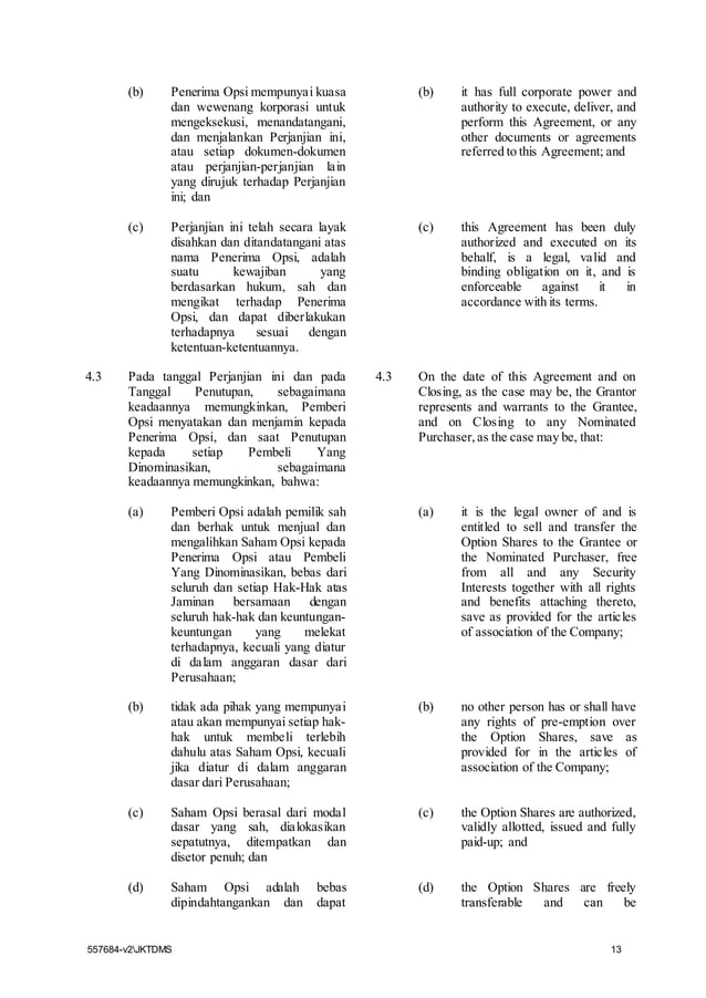 Perjanjian Opsi Beli - Call option agreement_Bilingual (Beli Perjanjian ...