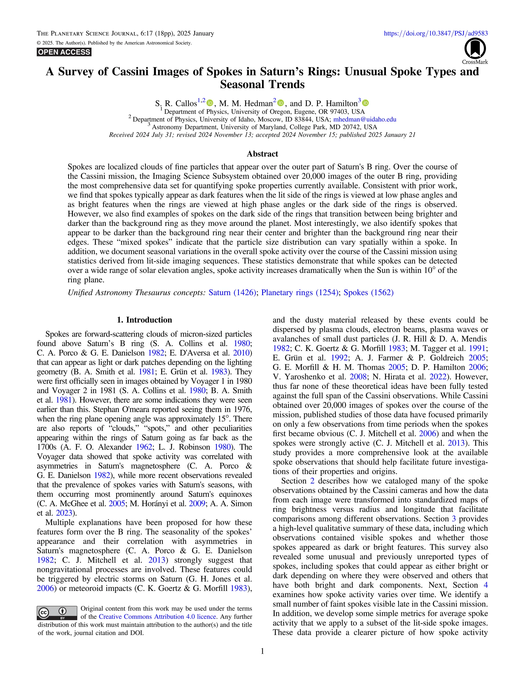 A Survey of Cassini Images of Spokes in Saturn’s Rings: Unusual Spoke ...