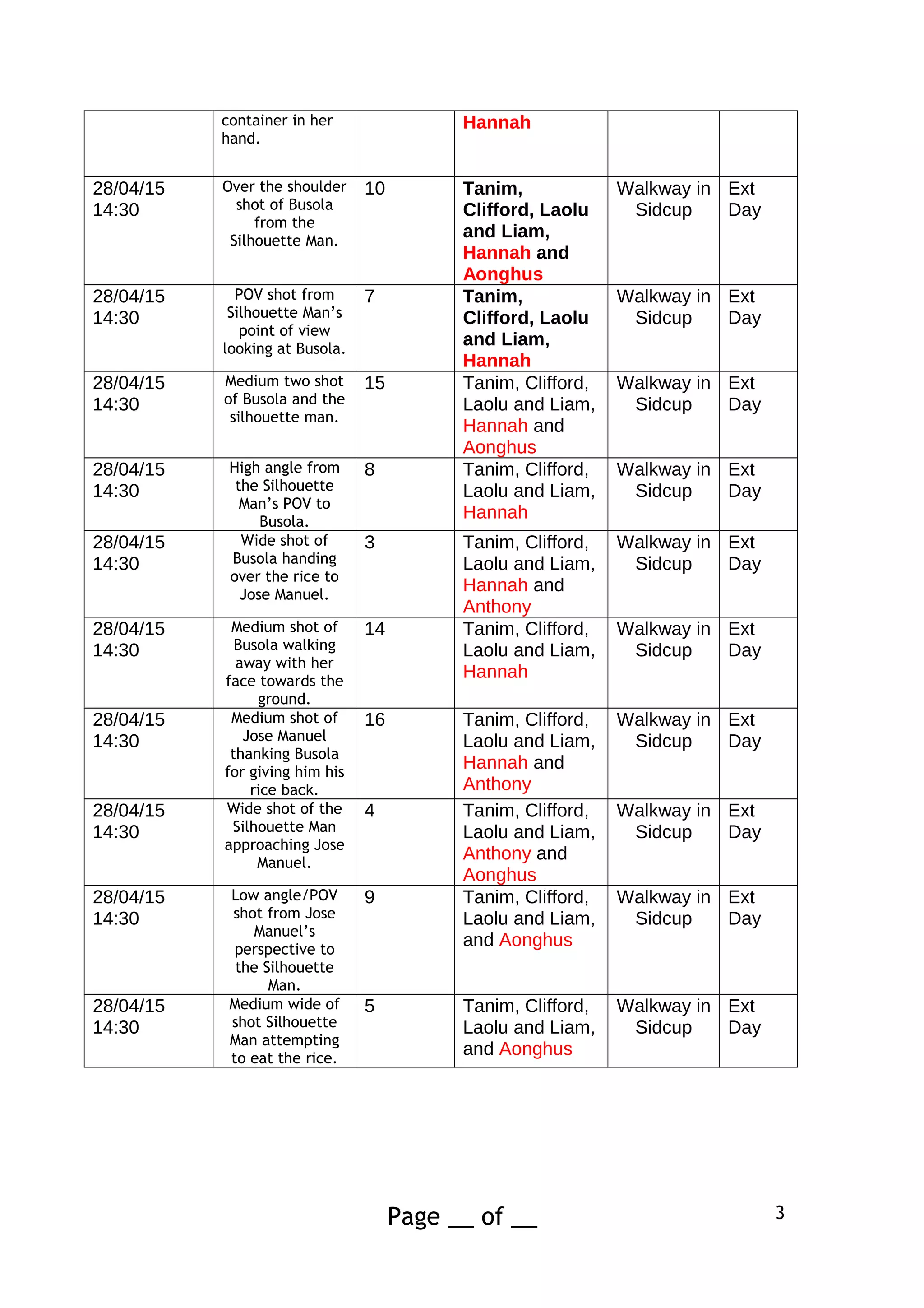 Call sheet - Liam | PDF