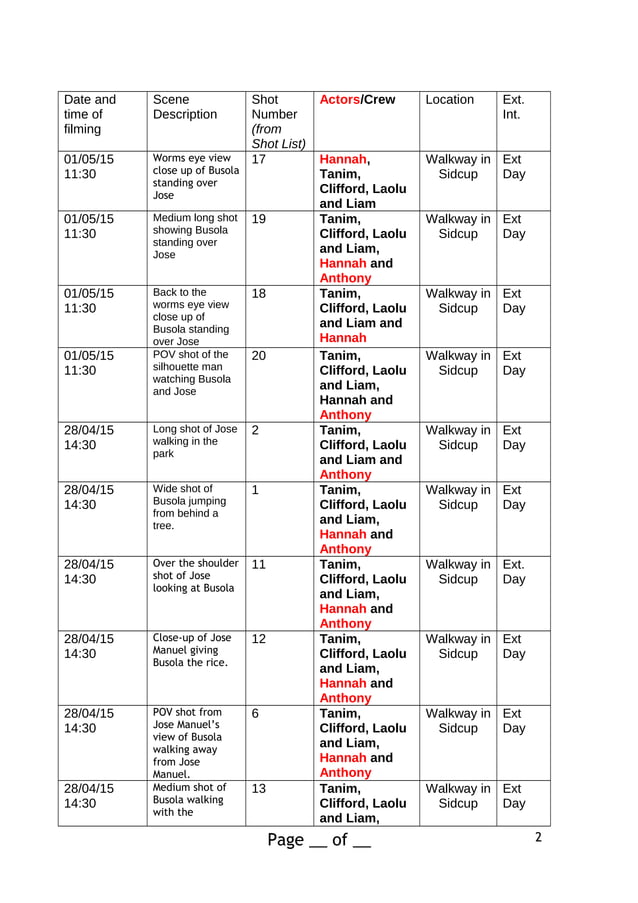 Call sheet - Liam | PDF