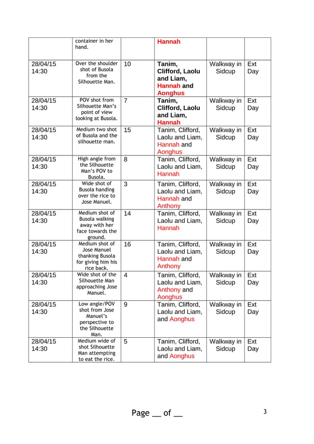Call sheet Liam | PDF