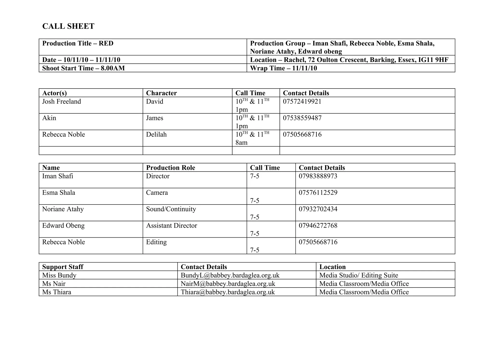 Call sheet | DOC